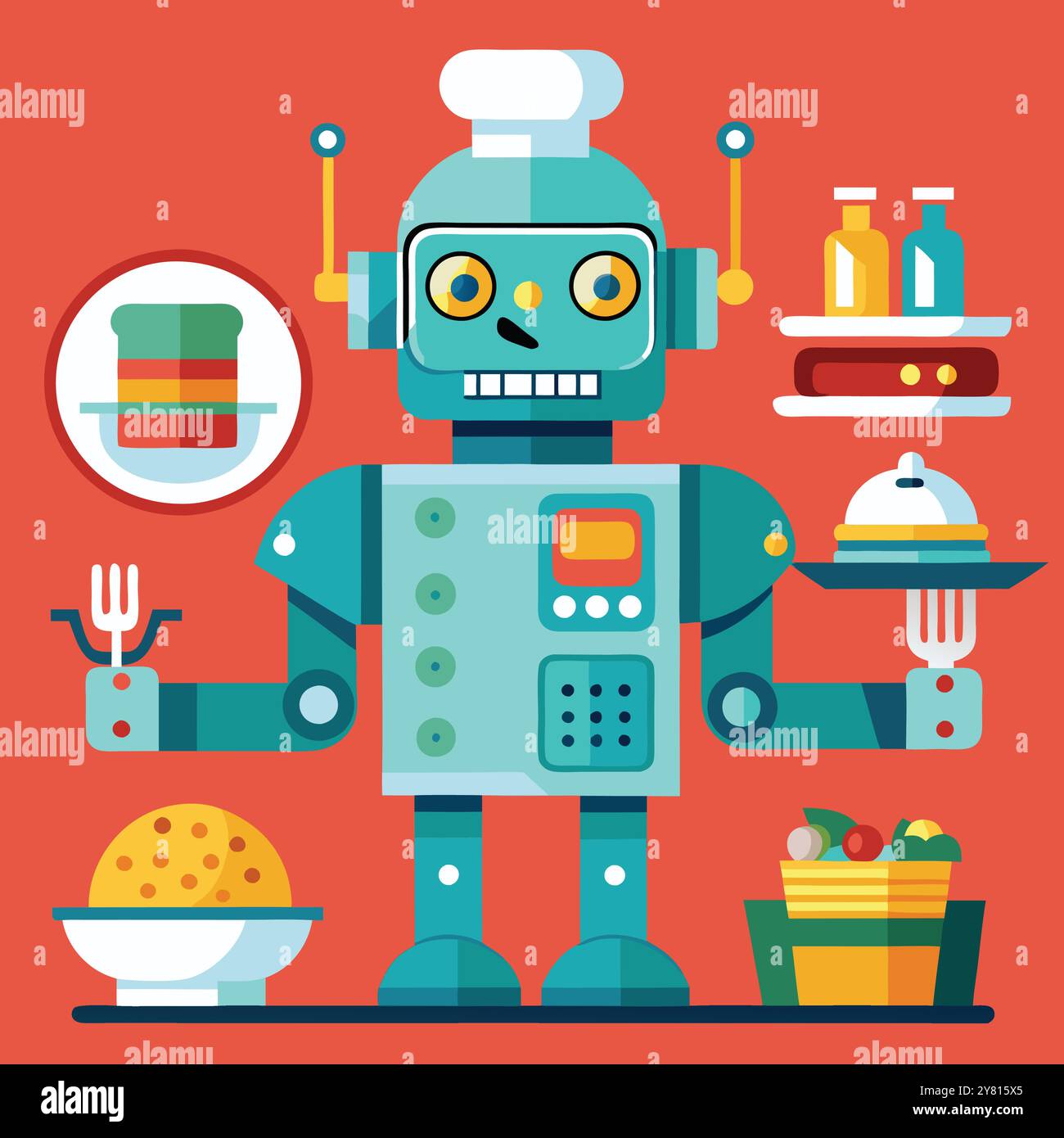 A friendly robot chef wearing a white chefs hat. holding a tray with a ...