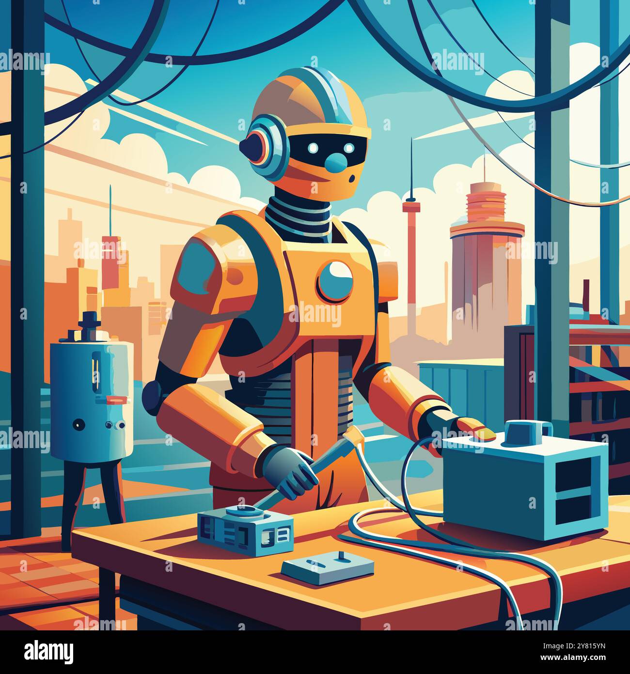A friendly robot works on a futuristic project in a city setting. Its ...