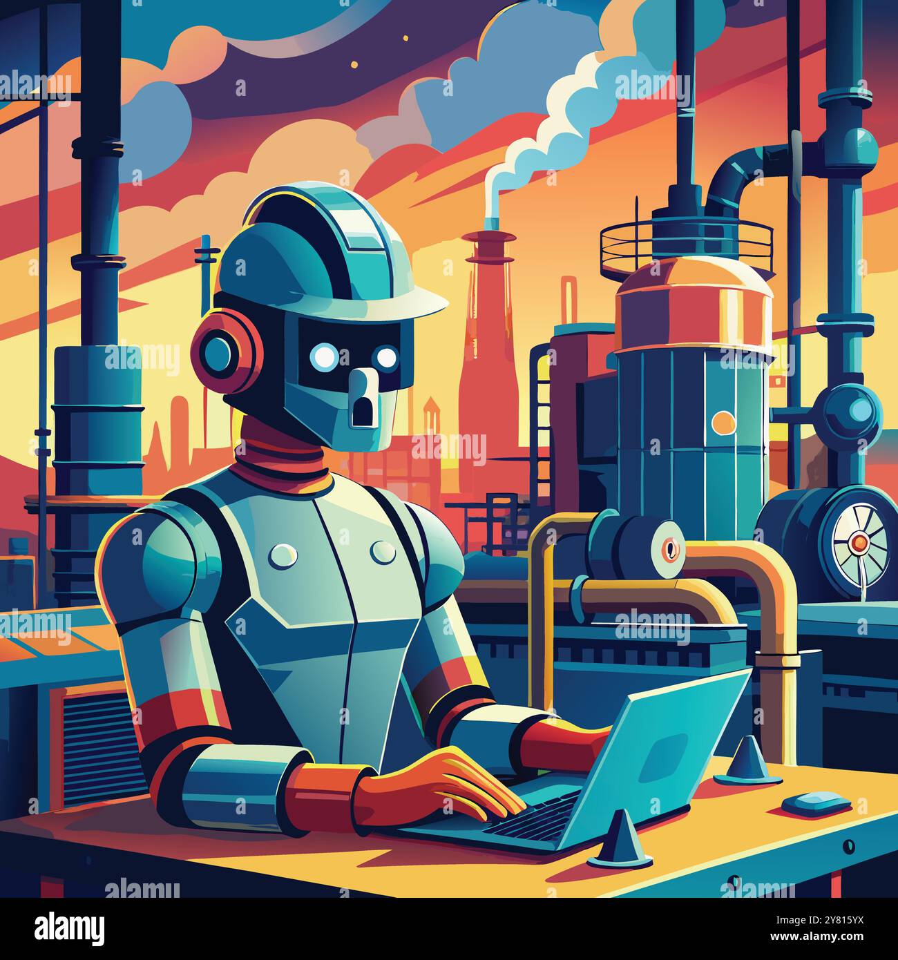 A futuristic robot worker in a factory setting. wearing a hardhat. sits ...