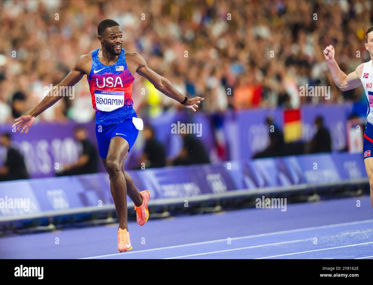 Rai Benjamin winning in the 400 meters hurdles at the Paris 2024 ...