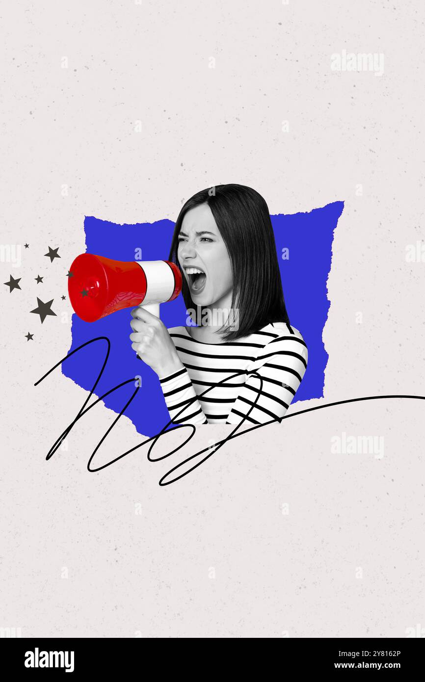 Vertical photo collage of angry girl activist scream megaphone election ...