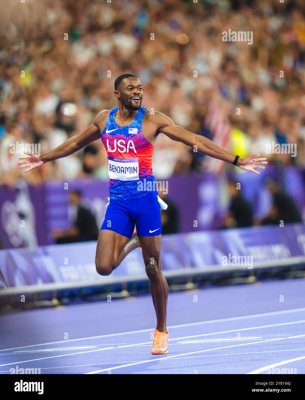 Rai Benjamin winning in the 400 meters hurdles at the Paris 2024 ...