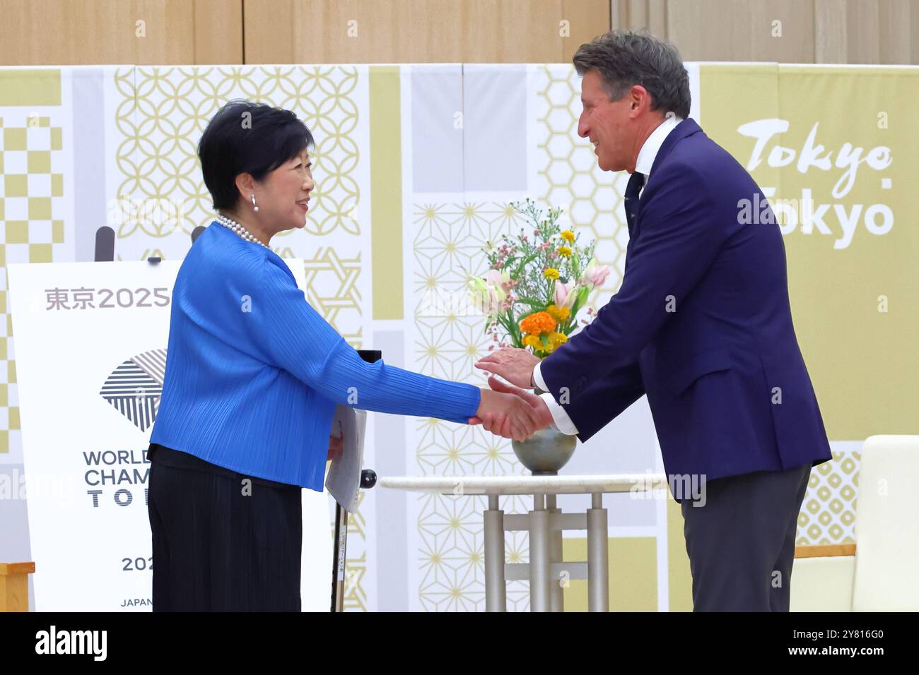 Tokyo, Japan. 2nd Oct, 2024. (L-R) Yuriko Koike, Sebastian Coe ...