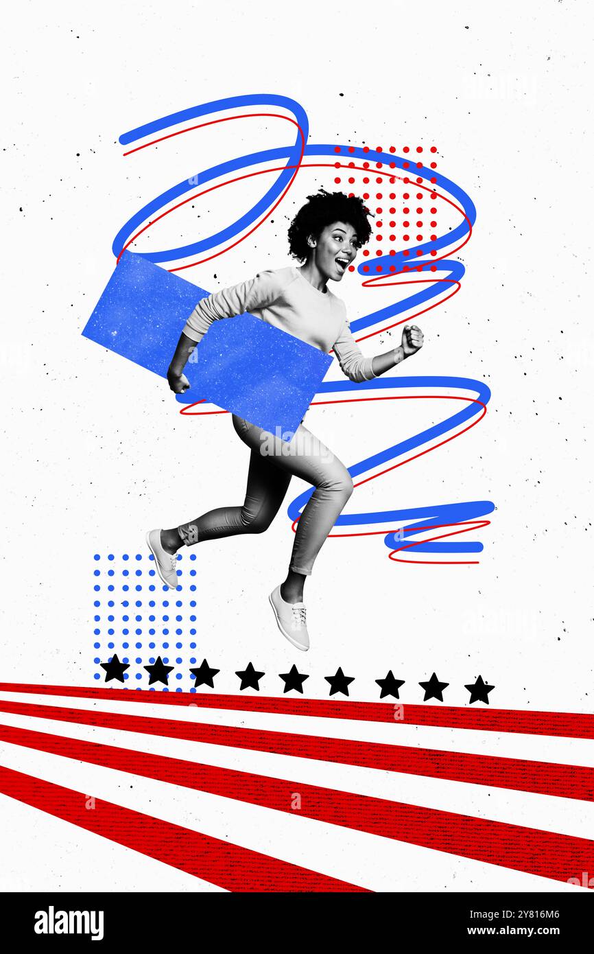 Collage artwork picture of excited happy woman citizen hold bulletin ...