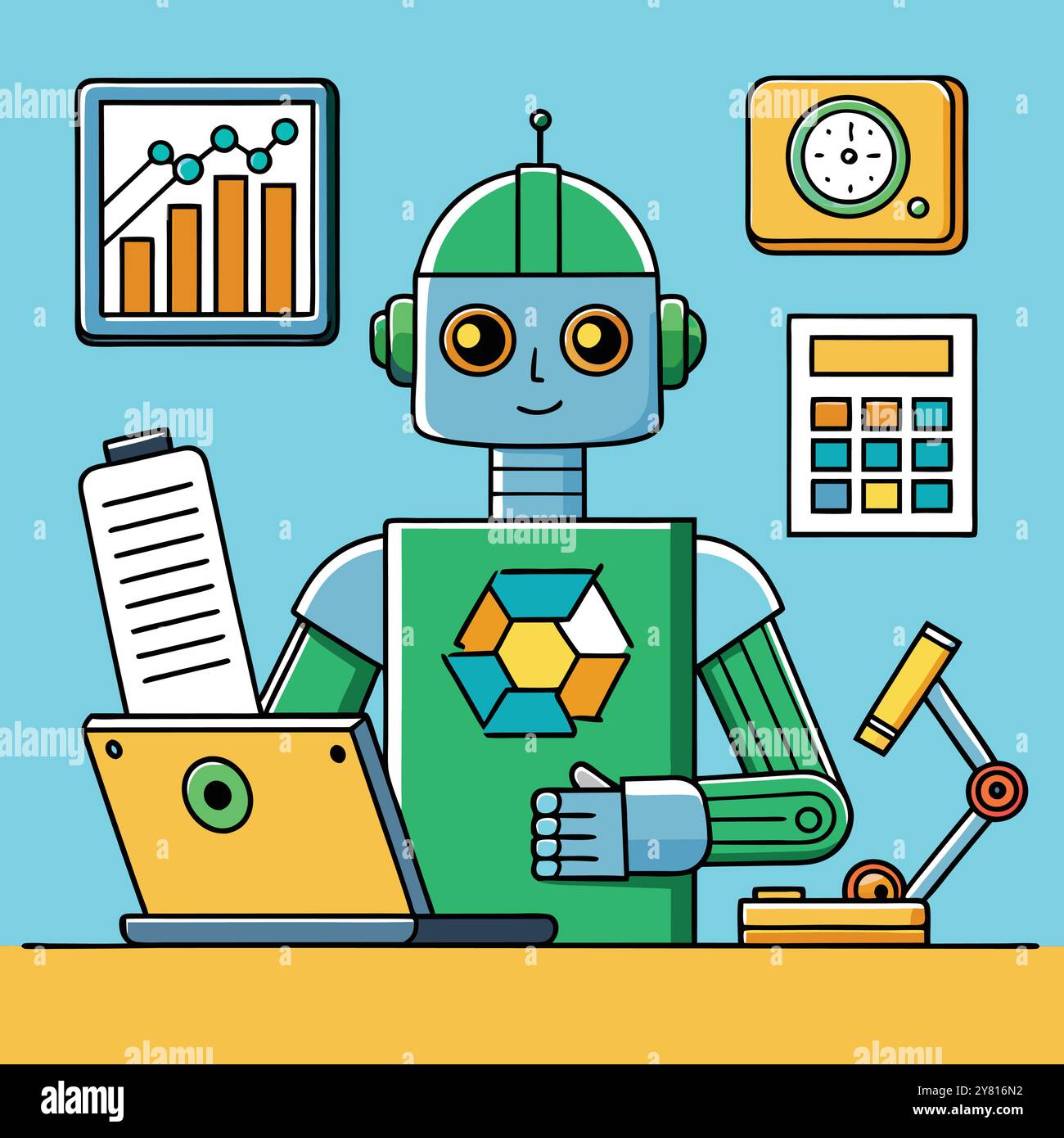 A friendly robot working on a laptop. showcasing a chart. a clock. a ...