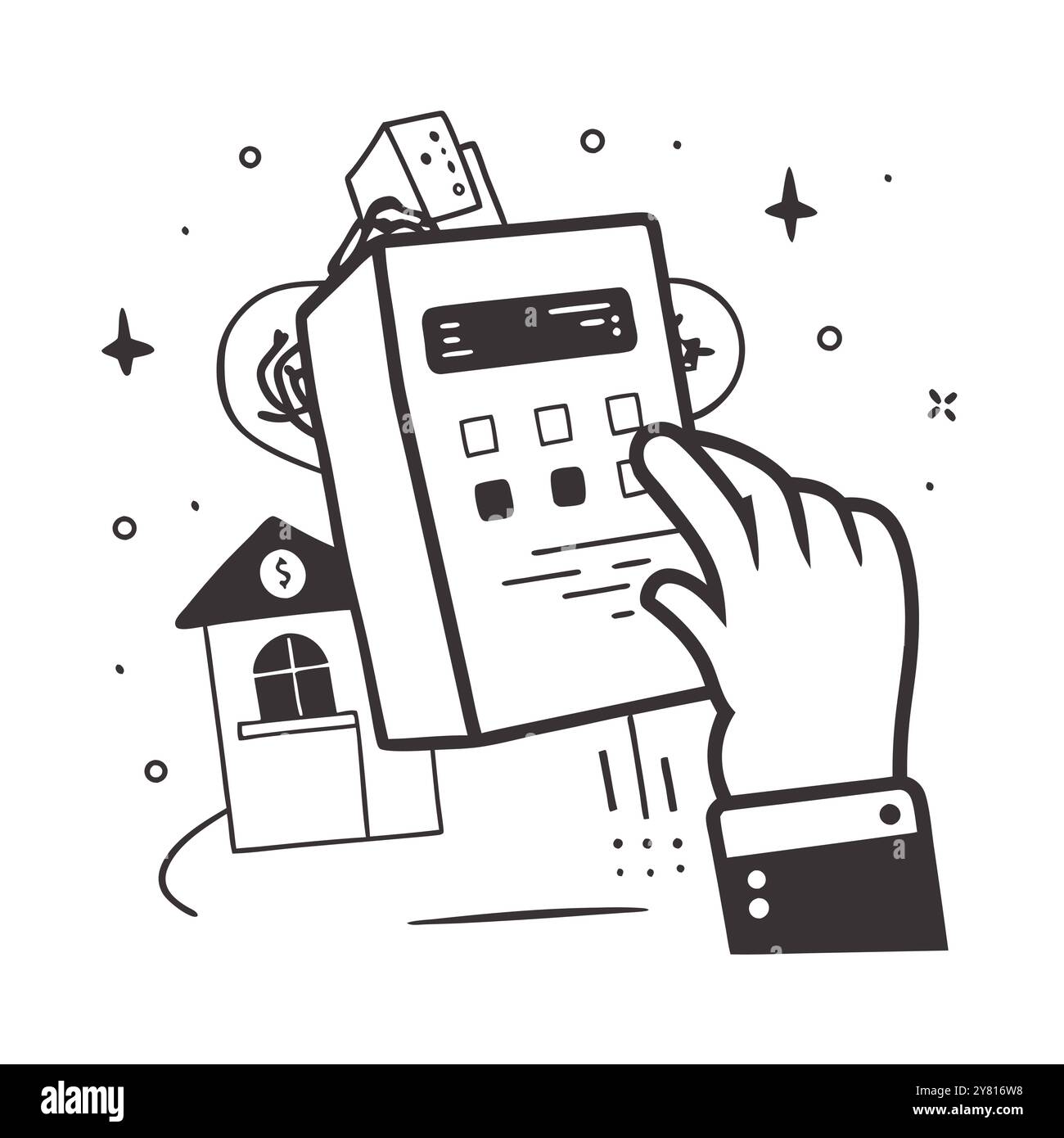 Hand drawn illustration of a hand interacting with a smart home control ...