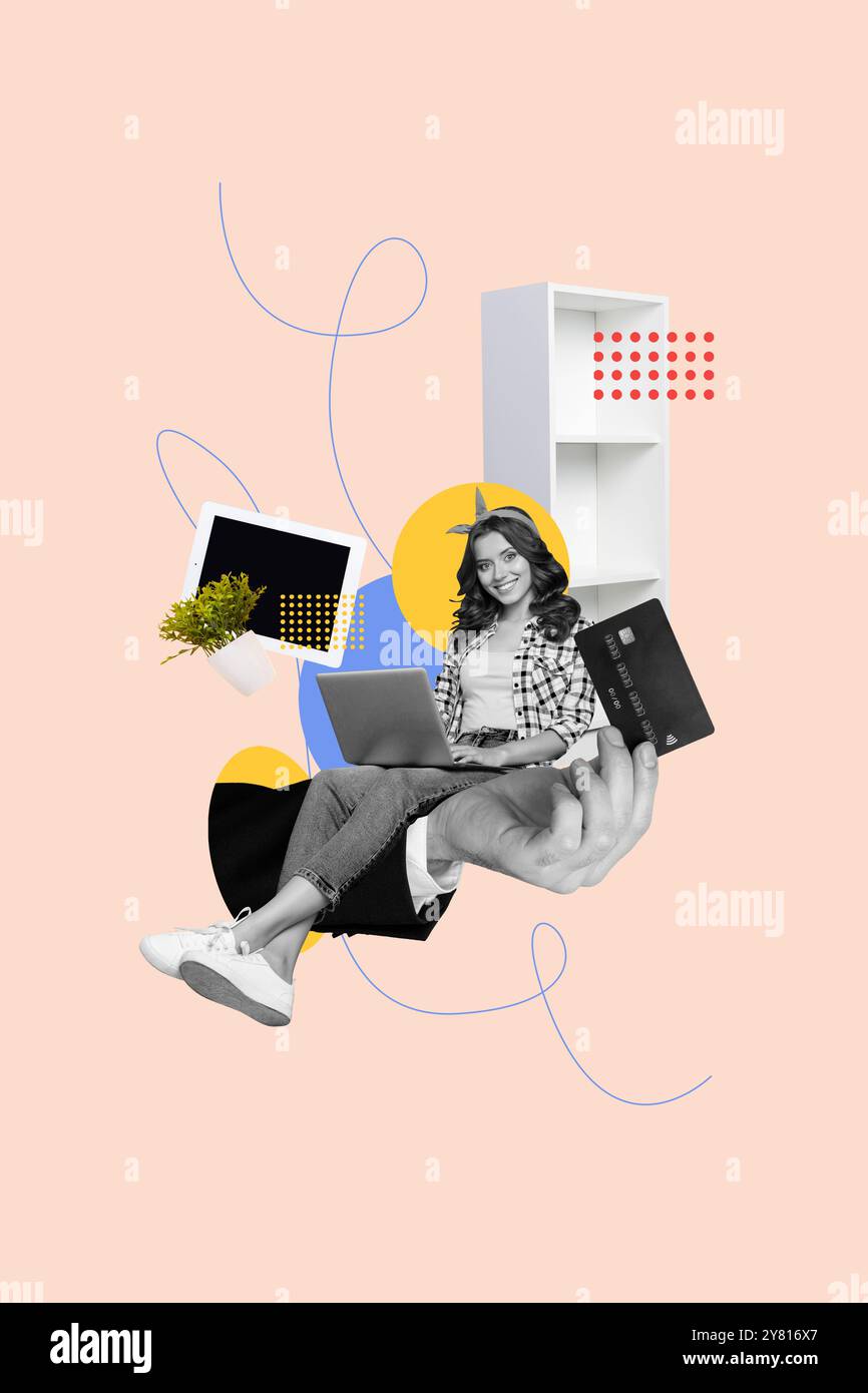 Trend artwork sketch collage of business worker remote workspace ...