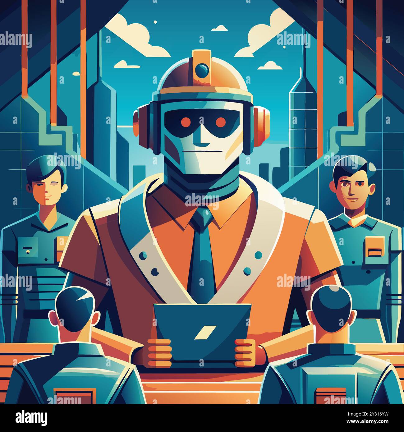 A futuristic robot in a suit stands with a laptop. addressing a group ...