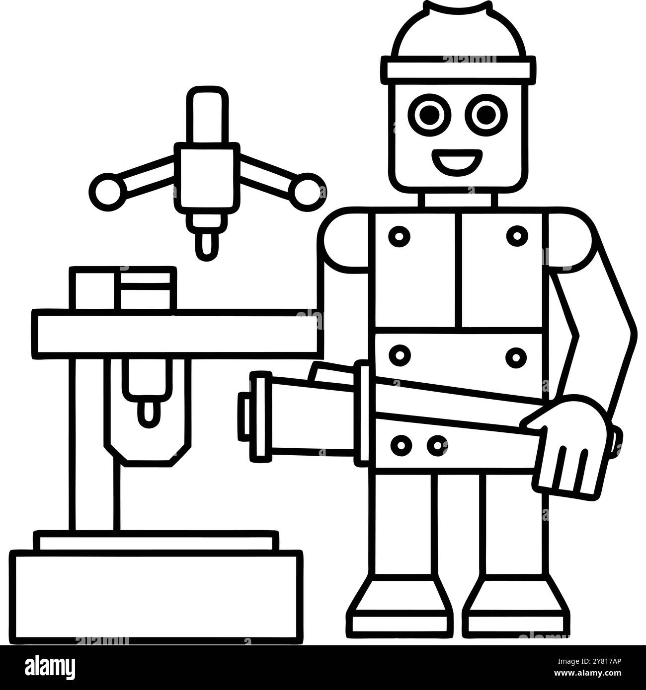 A simple line drawing of a robot operating a drilling machine. The ...