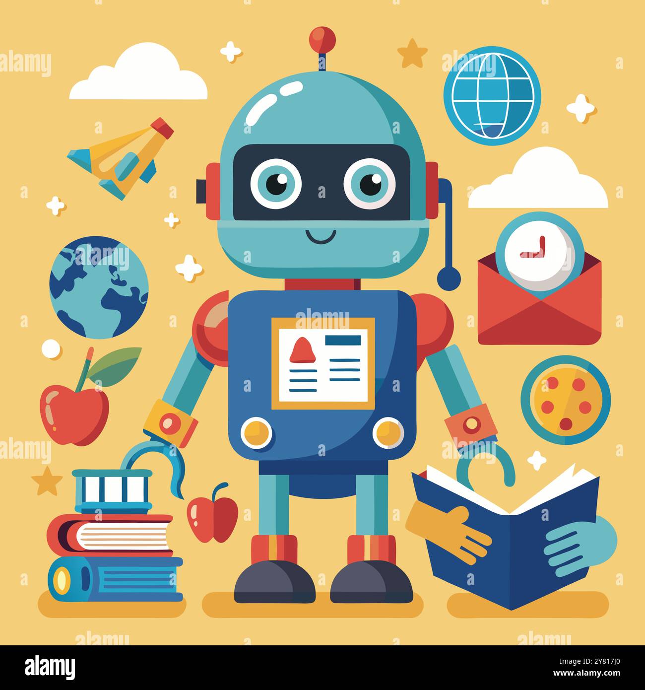 A friendly robot holds a book open. surrounded by colorful educational ...