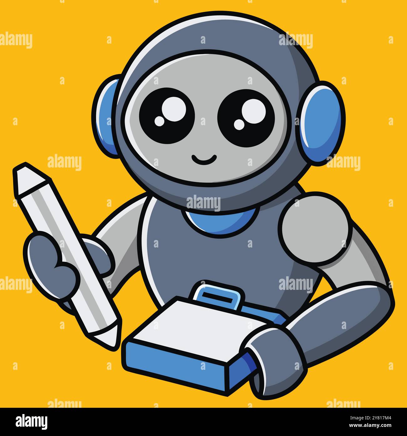 A friendly cartoon robot with big eyes smiles as it holds a pencil and ...