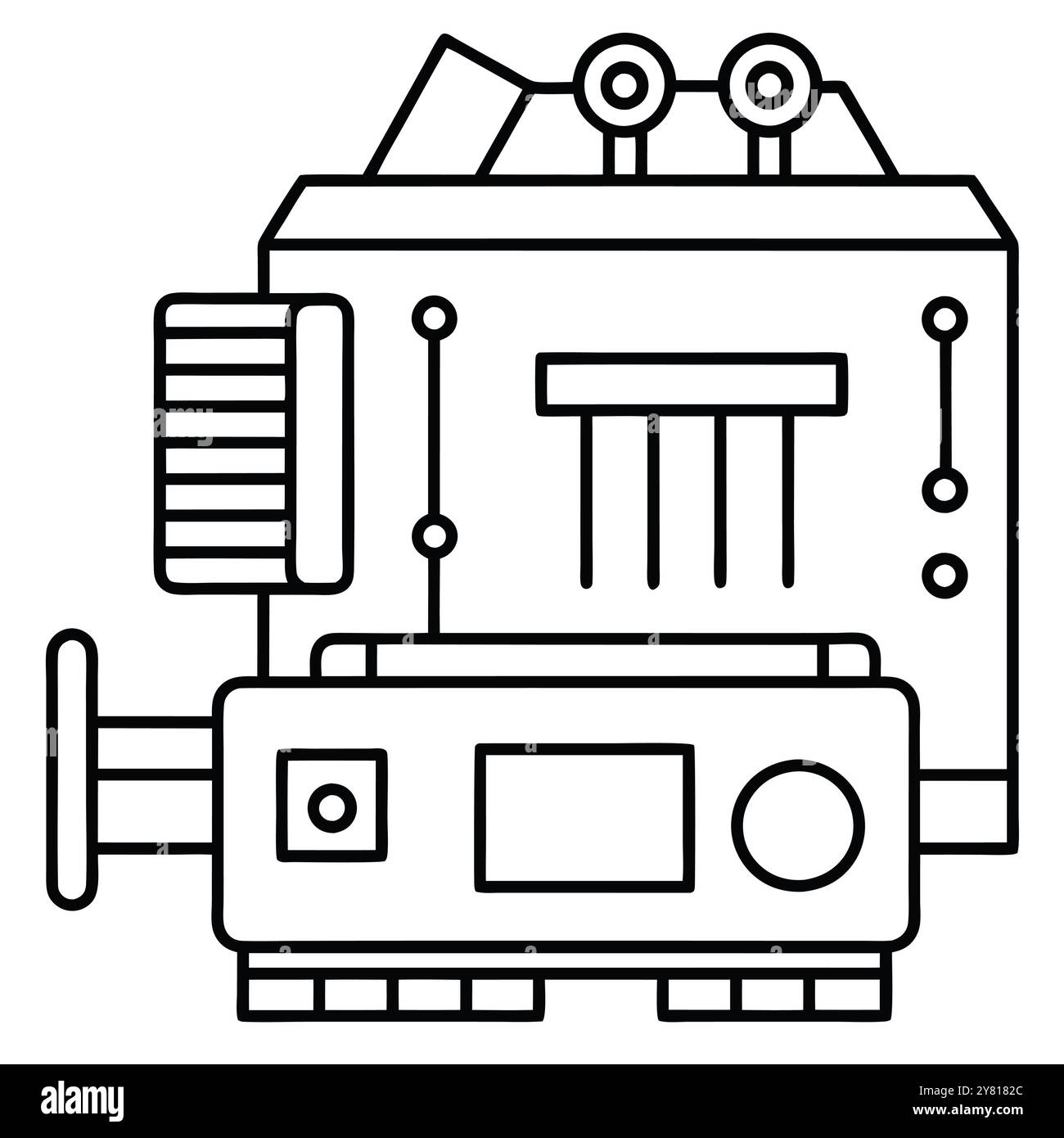Simple line art illustration of a machine with buttons. dials. and a ...