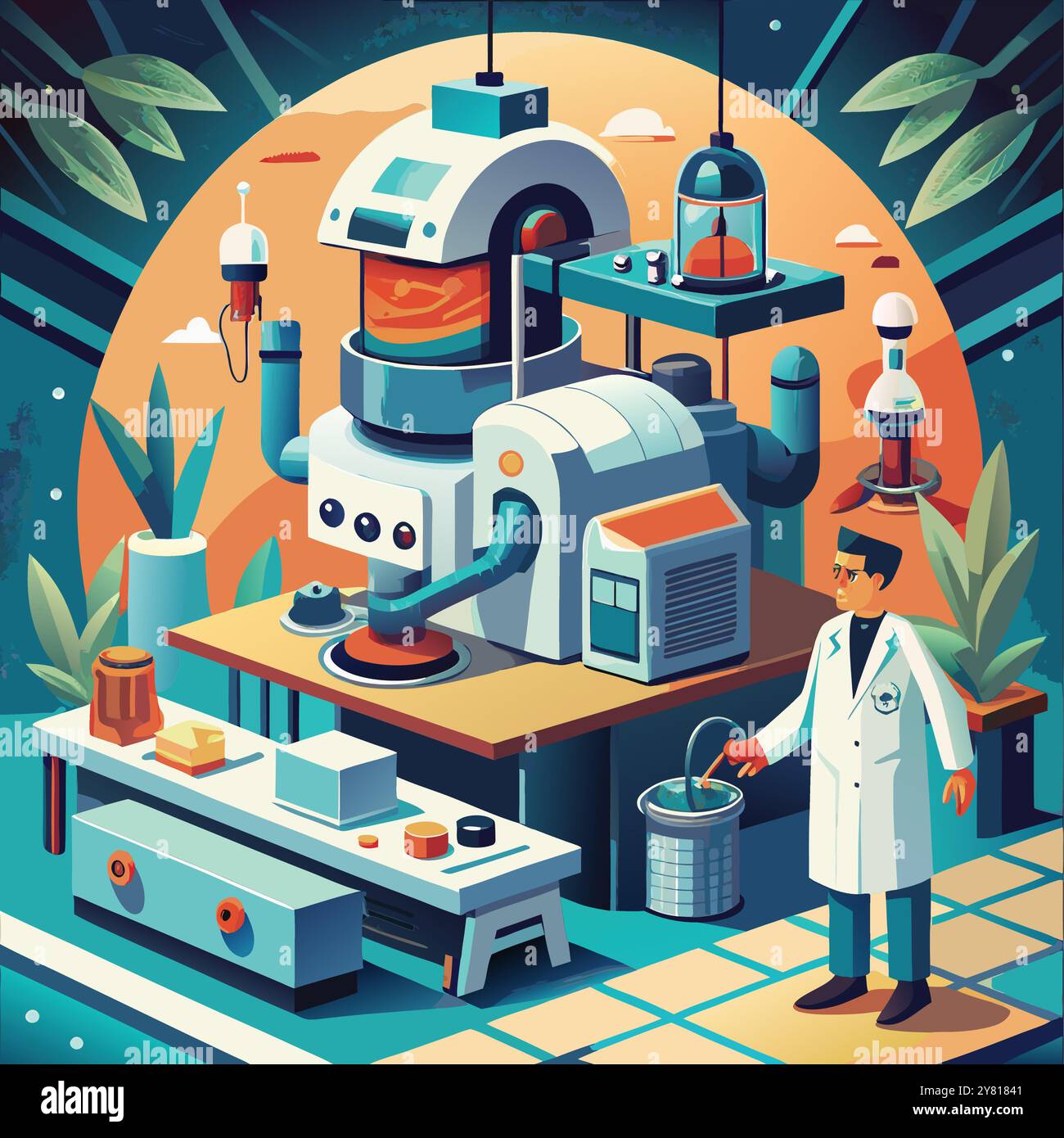 A futuristic laboratory scene with a scientist working with complex ...