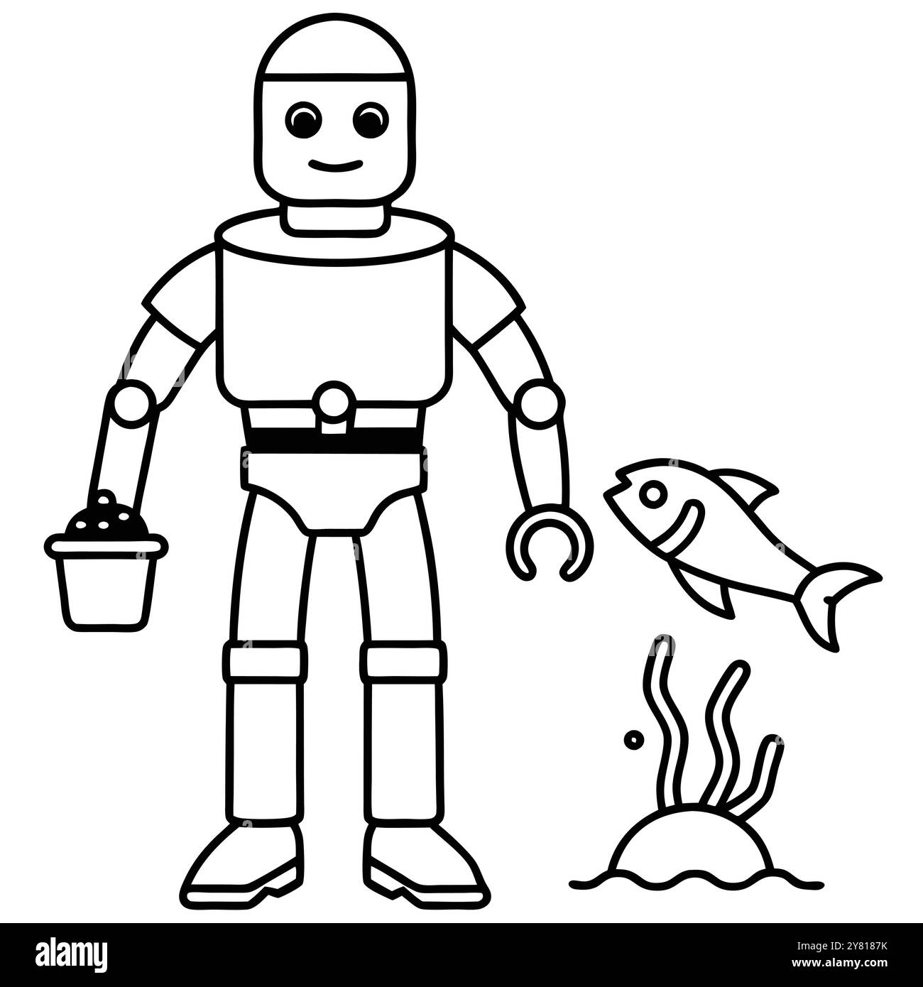 A friendly robot holds a bucket with fish and stands by the sea. Its a ...