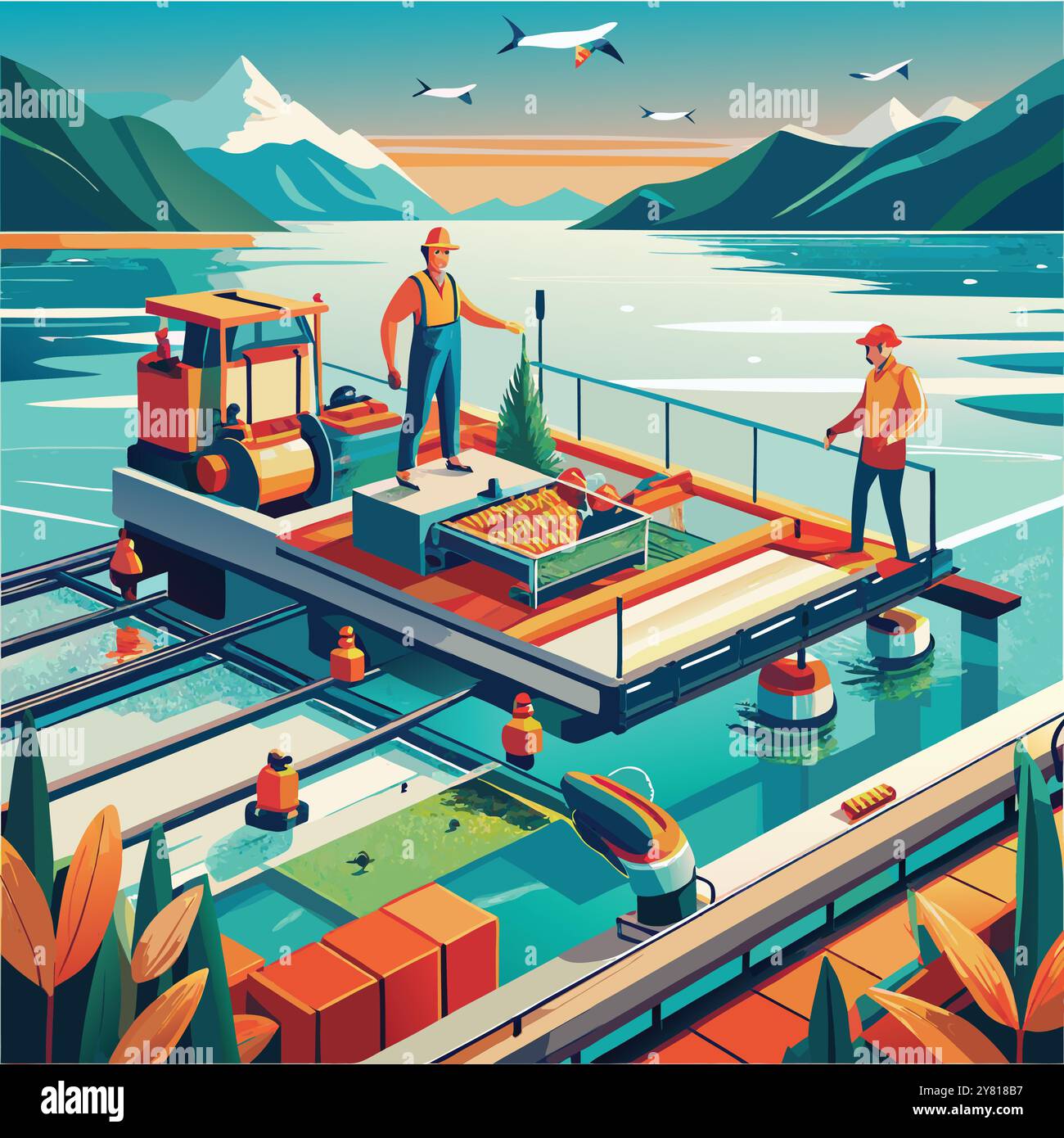 A colorful illustration of two workers on a floating platform ...