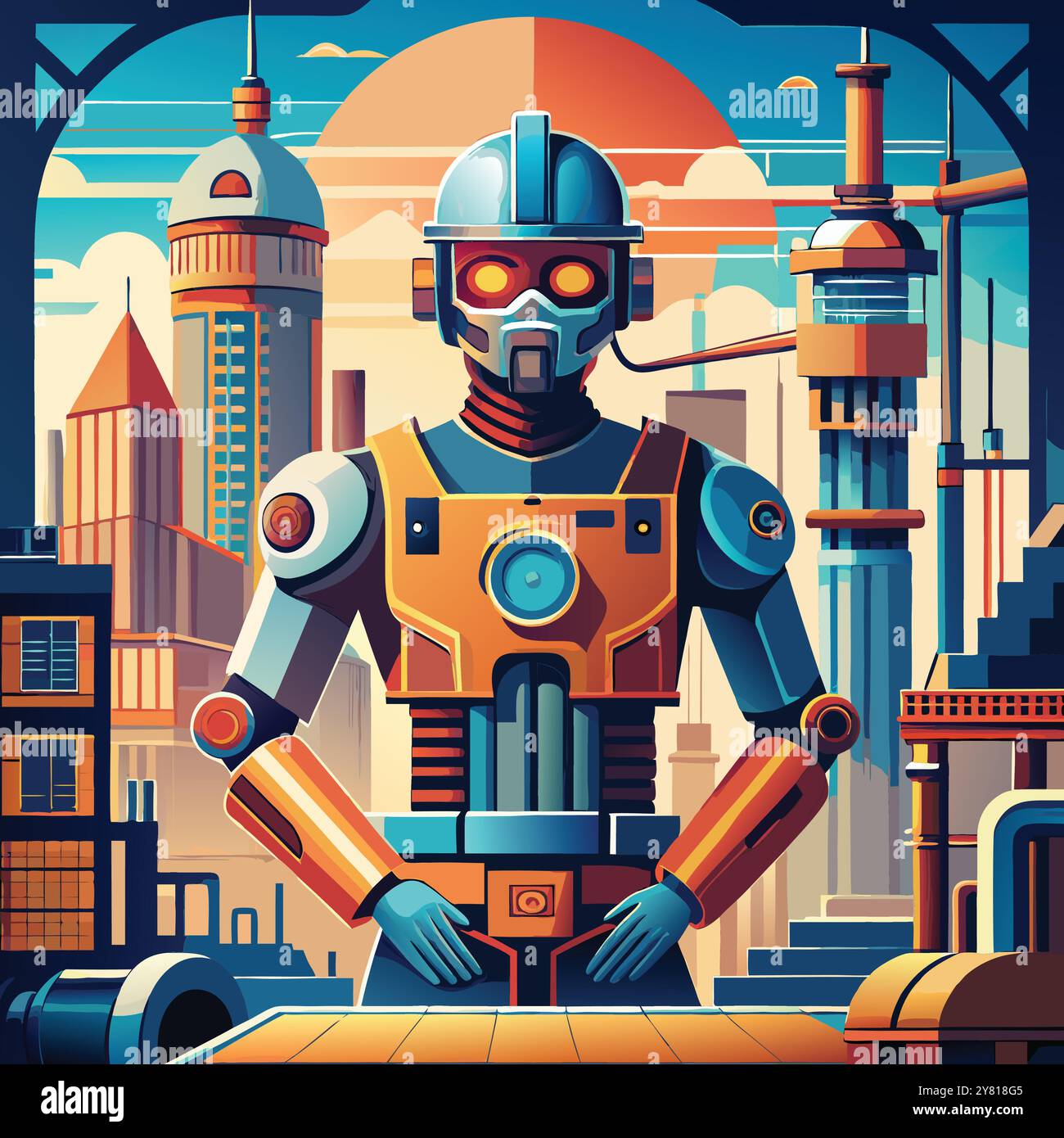 A stylized robot stands in a futuristic cityscape. showcasing the ...