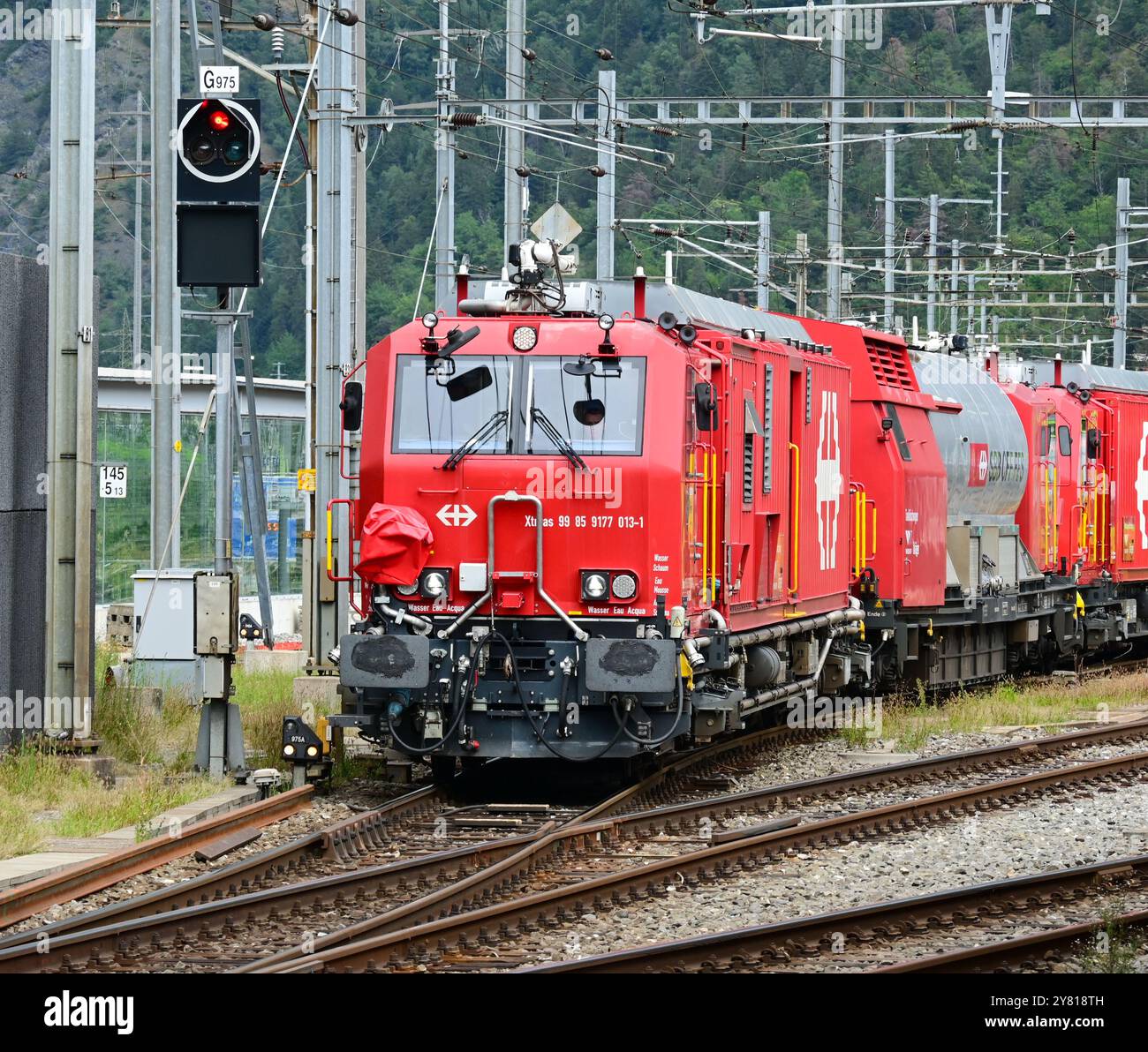 Swiss SBB LRZ Xtmas fire and rescue train at Brig in Switzerland with ...