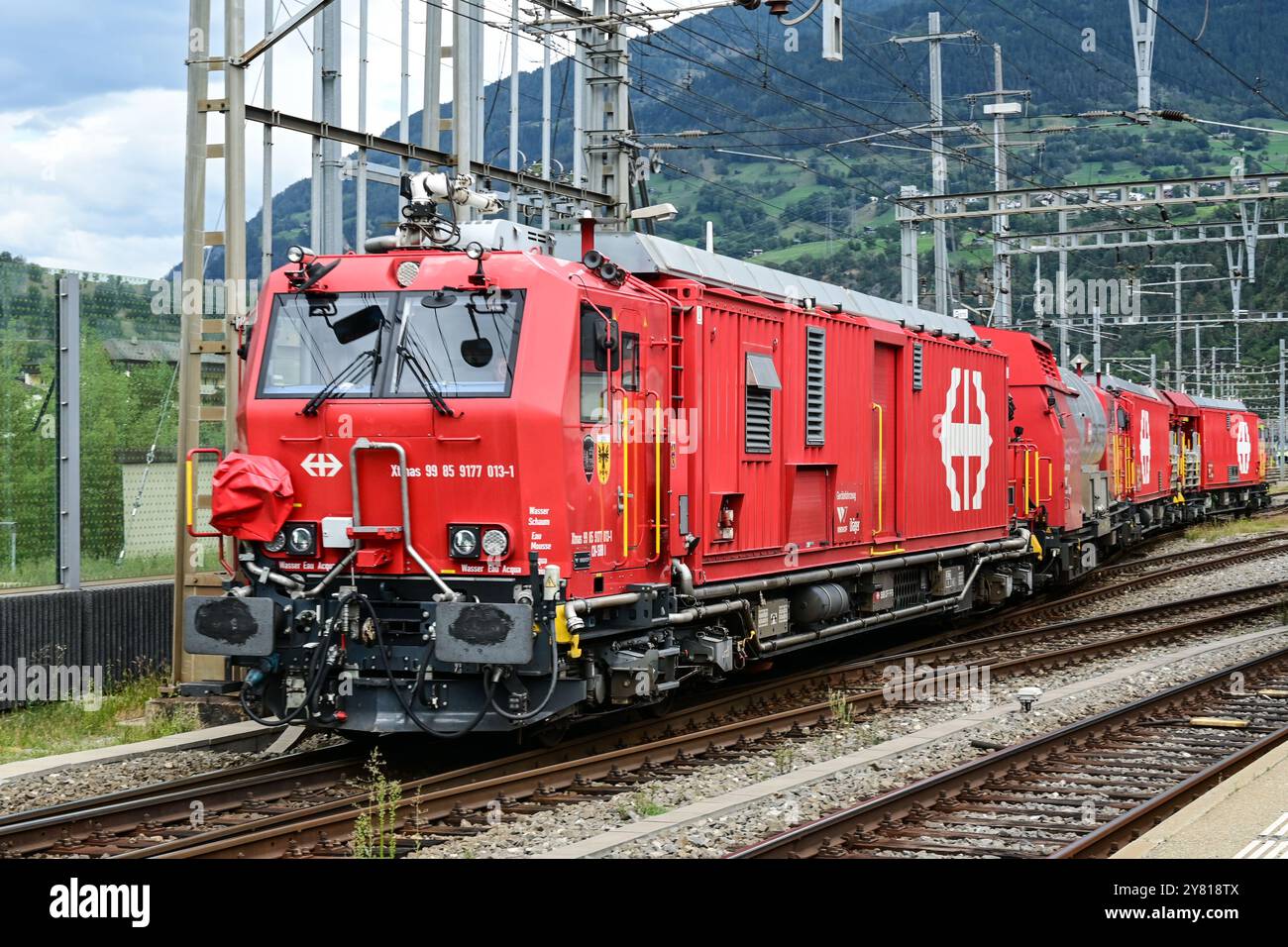 Swiss SBB LRZ Xtmas fire and rescue train at Brig in Switzerland with ...