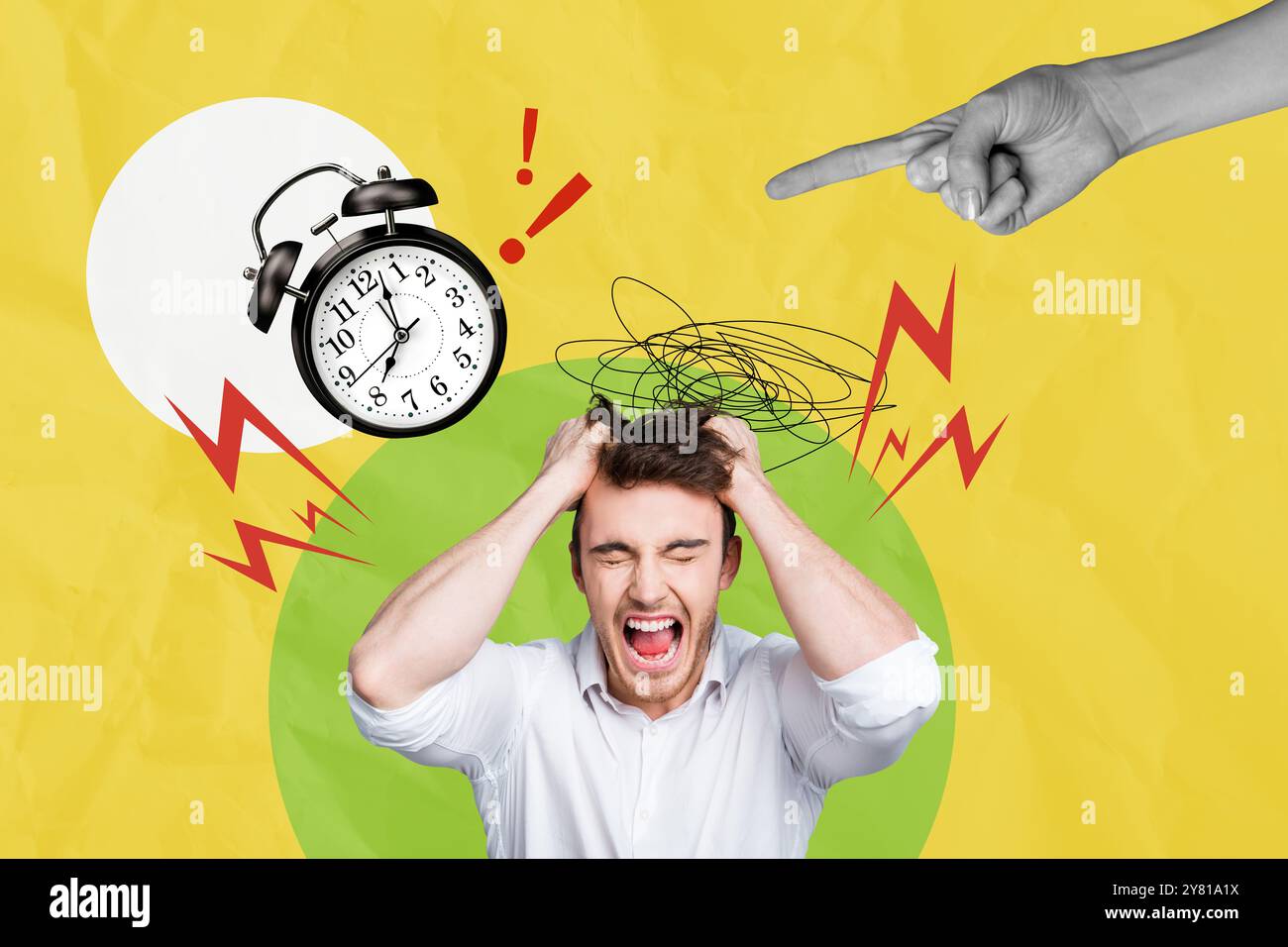 Creative collage picture young stressed irritated man trouble alarm ...