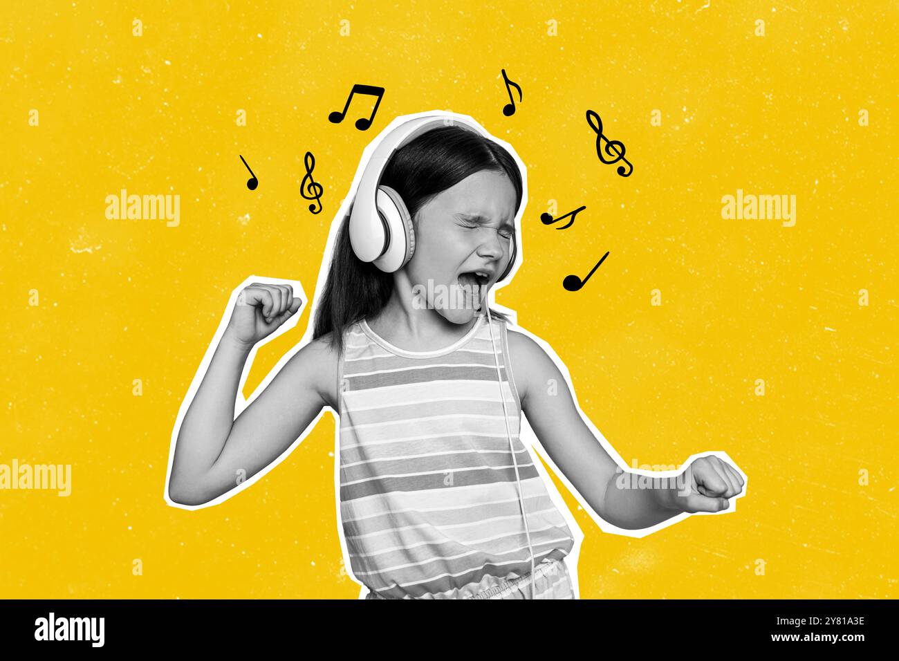 Composite photo collage of happy small girl wear hedphones dance listen ...