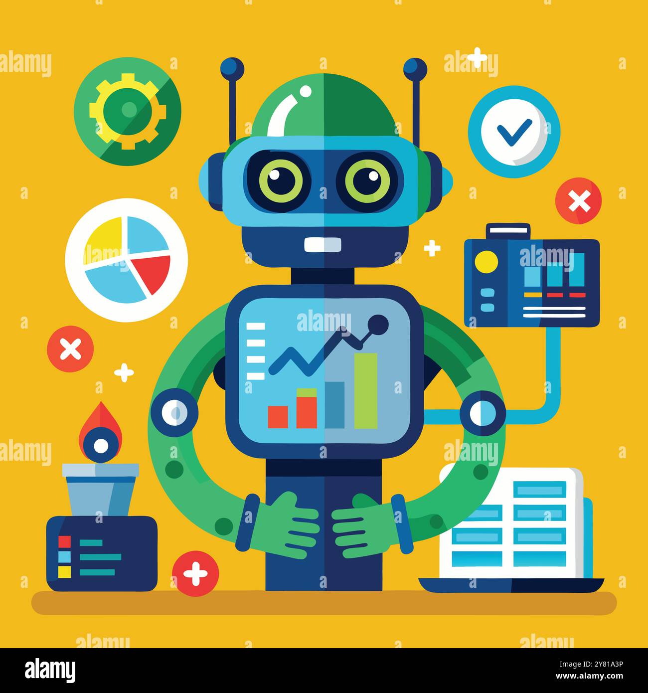 A friendly robot with big eyes and green arms stands in front of a screen displaying charts and ...