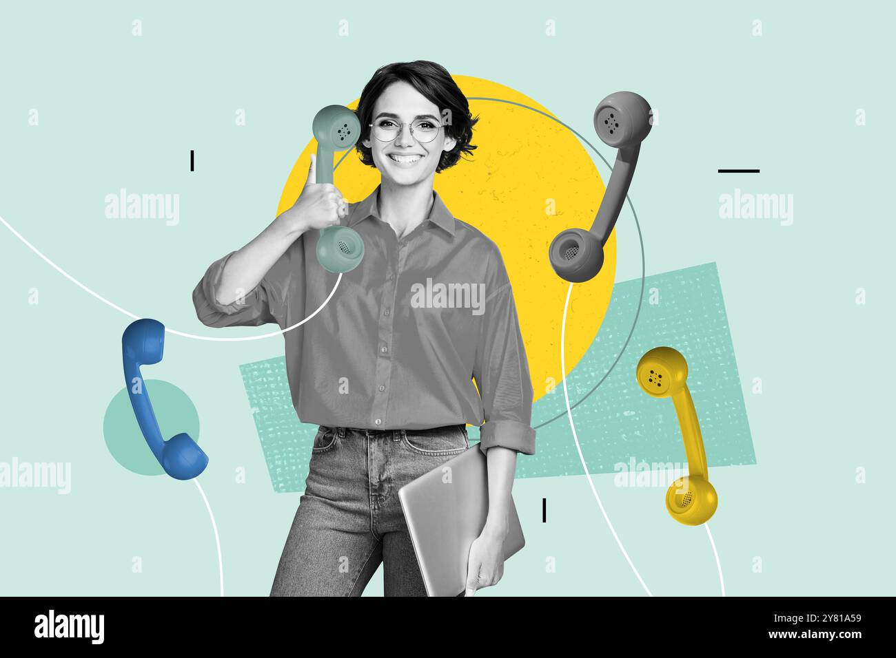 Composite collage picture image of young female talk phone call handset ...