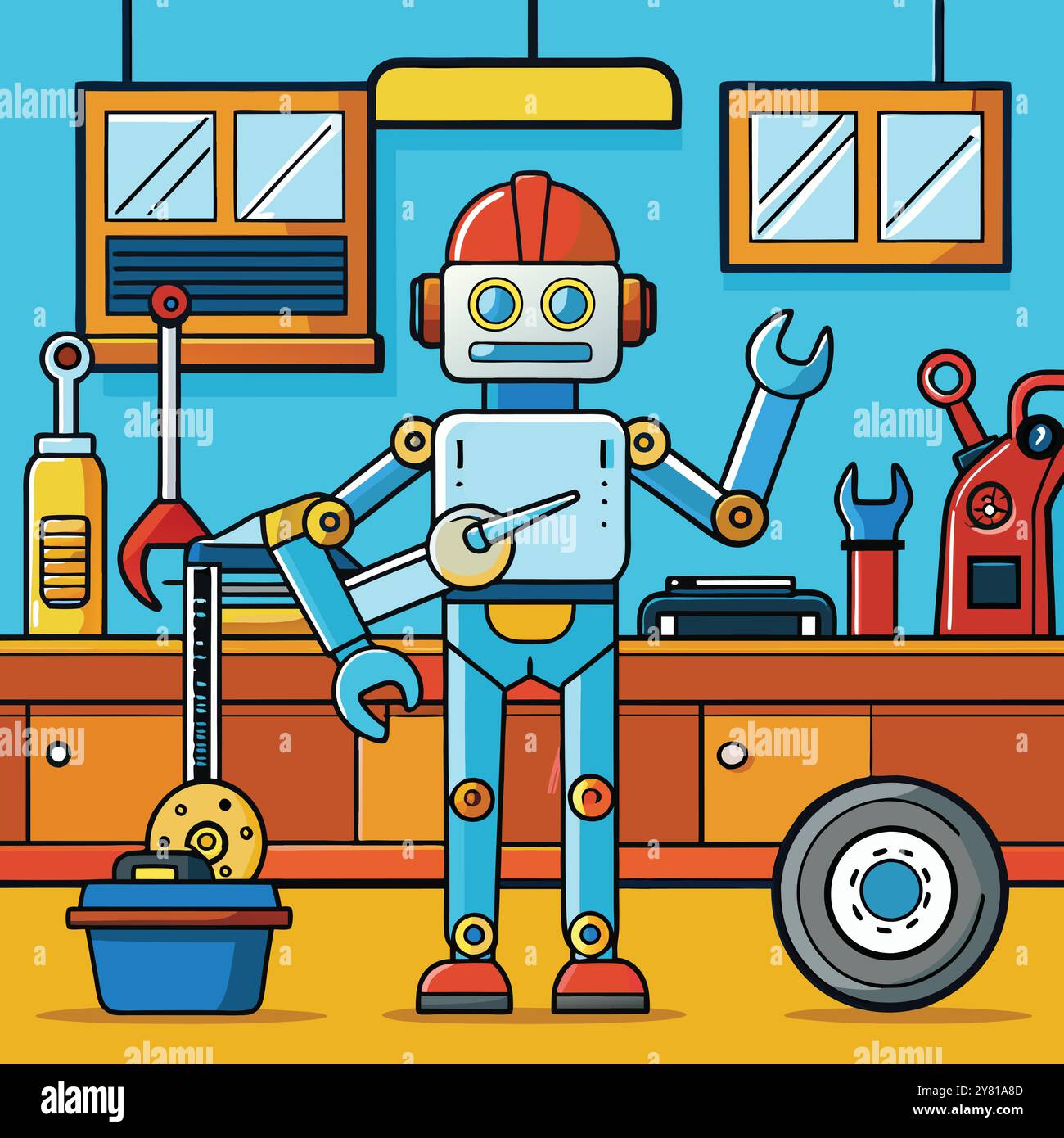 A cheerful robot mechanic stands in his workshop. ready to fix anything ...