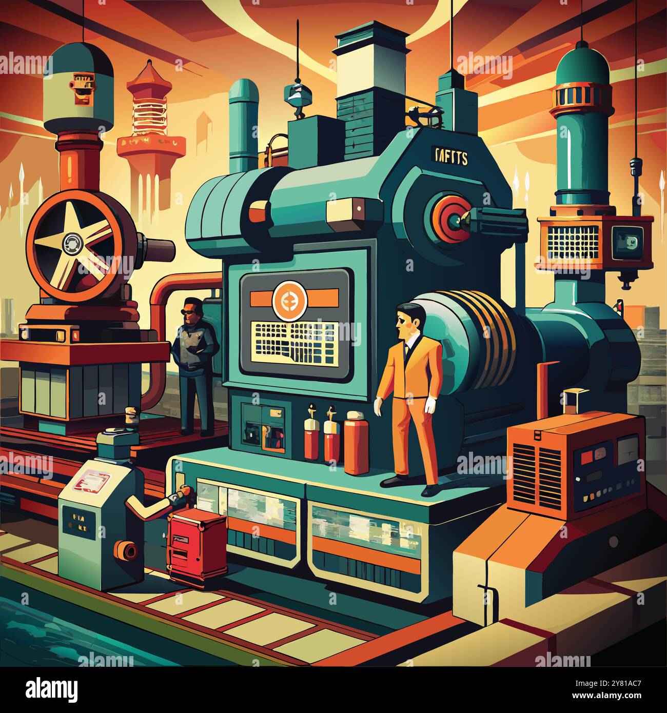 A futuristic illustration of a factory with intricate machinery and two ...