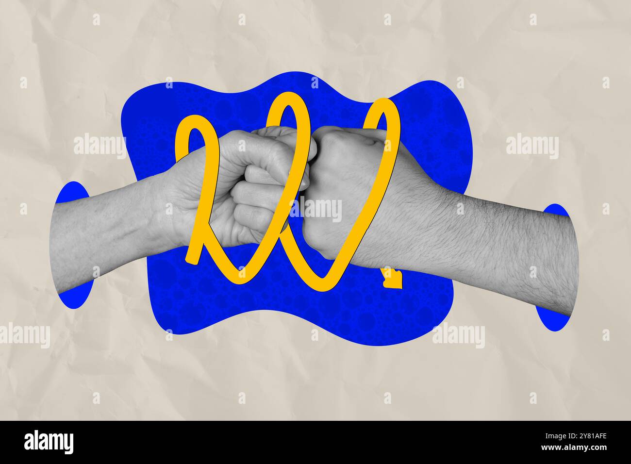 Composite photo collage of people two hands fist kick together bump ...