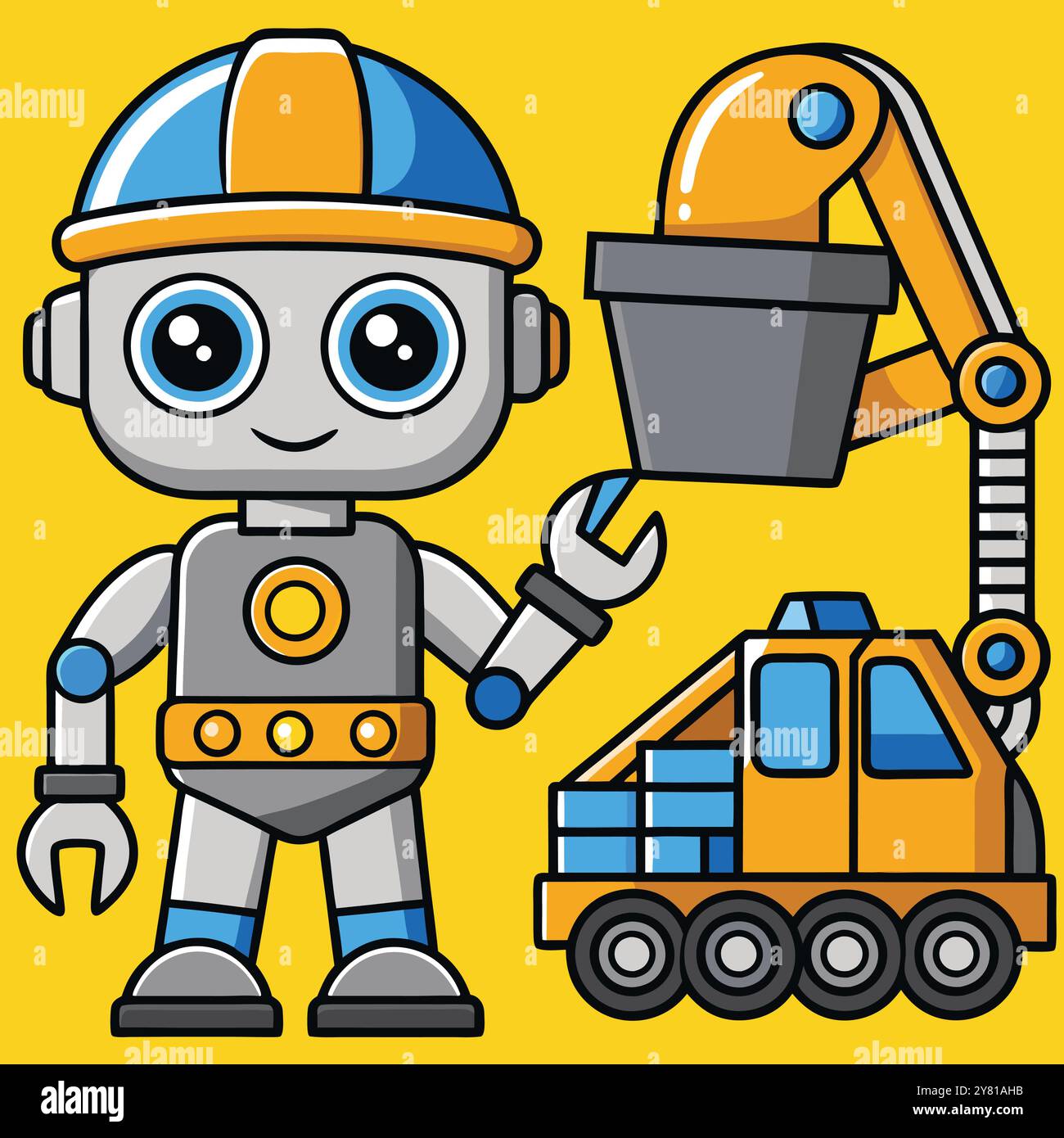 Cute robot wearing a hard hat holds a wrench and stands next to a ...