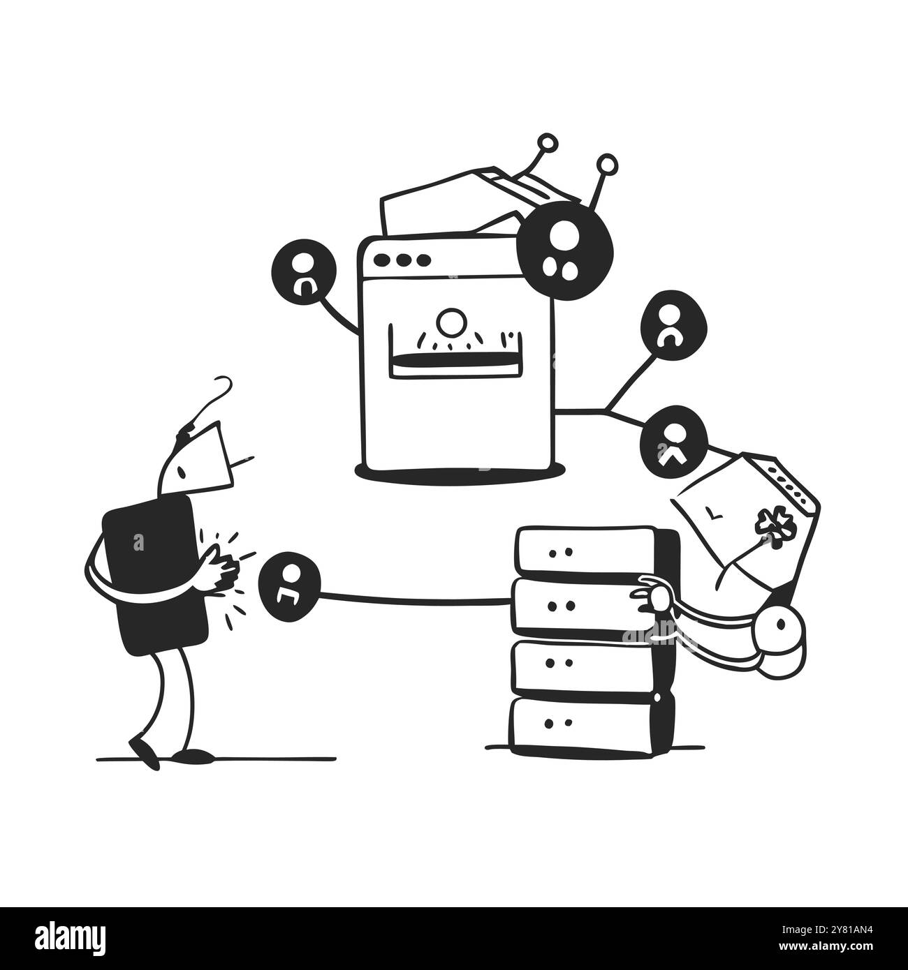 A playful illustration of a robot connecting to a server. with users ...