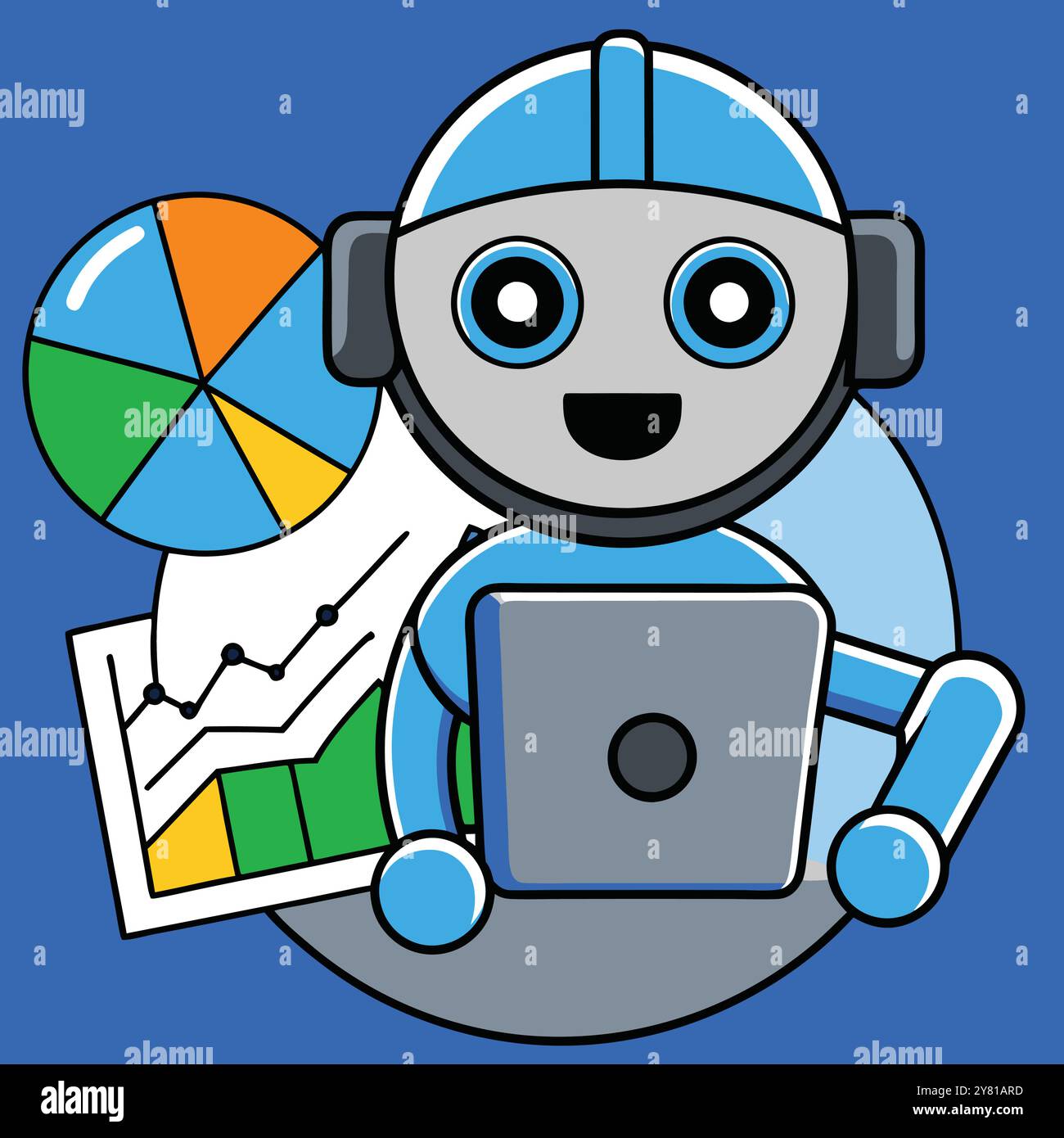 Friendly AI robot working on a laptop and analyzing data with a chart ...