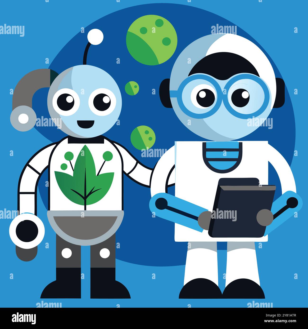 Two friendly robots. one holding a plant. the other holding a tablet ...