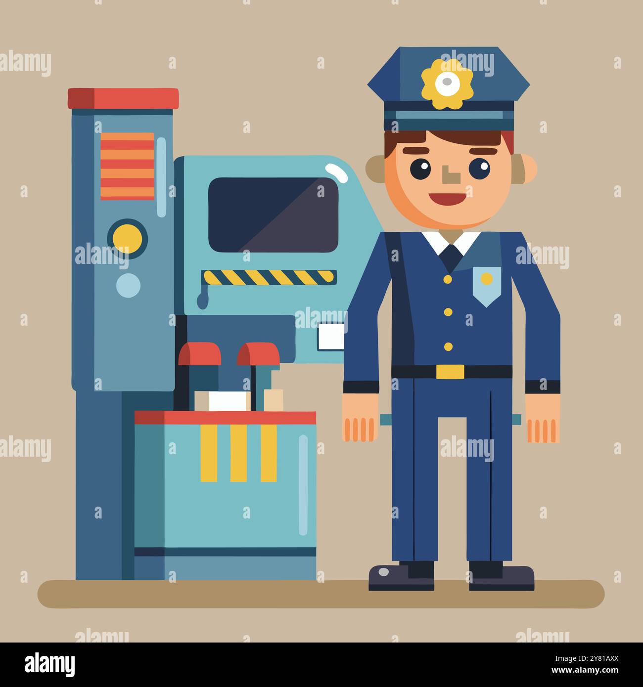 A friendly cartoon policeman stands next to a factory machine ...