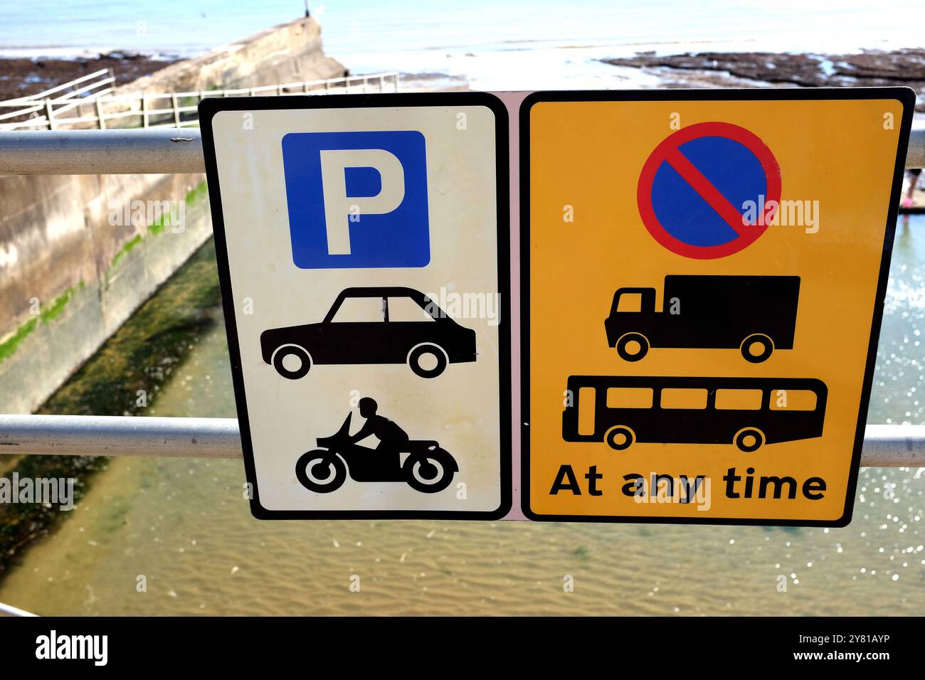 parking restrictions sign attached to safety railings, ramsgate seaside ...