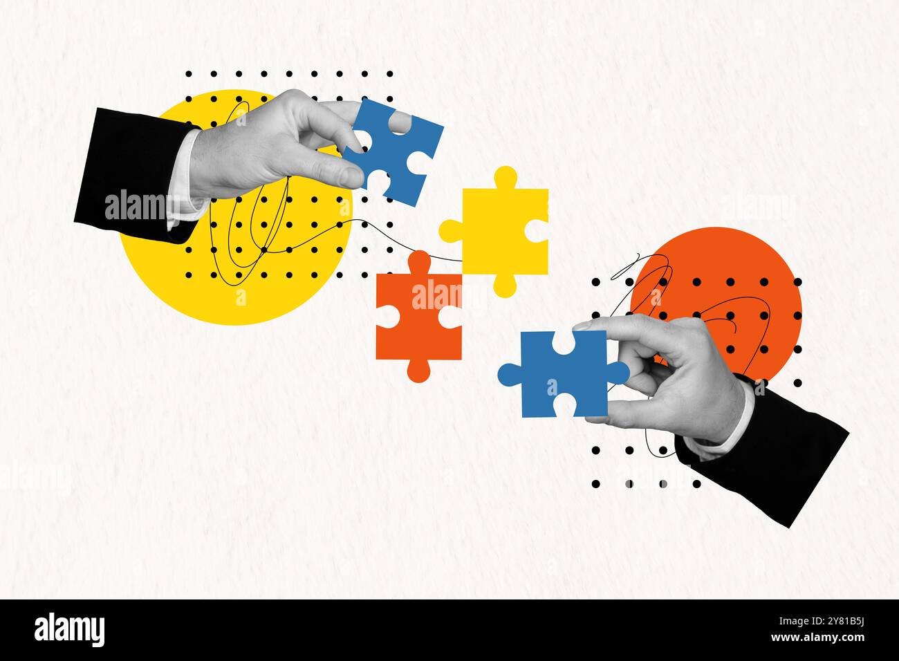 Composite photo collage of people hand match together puzzles game team ...