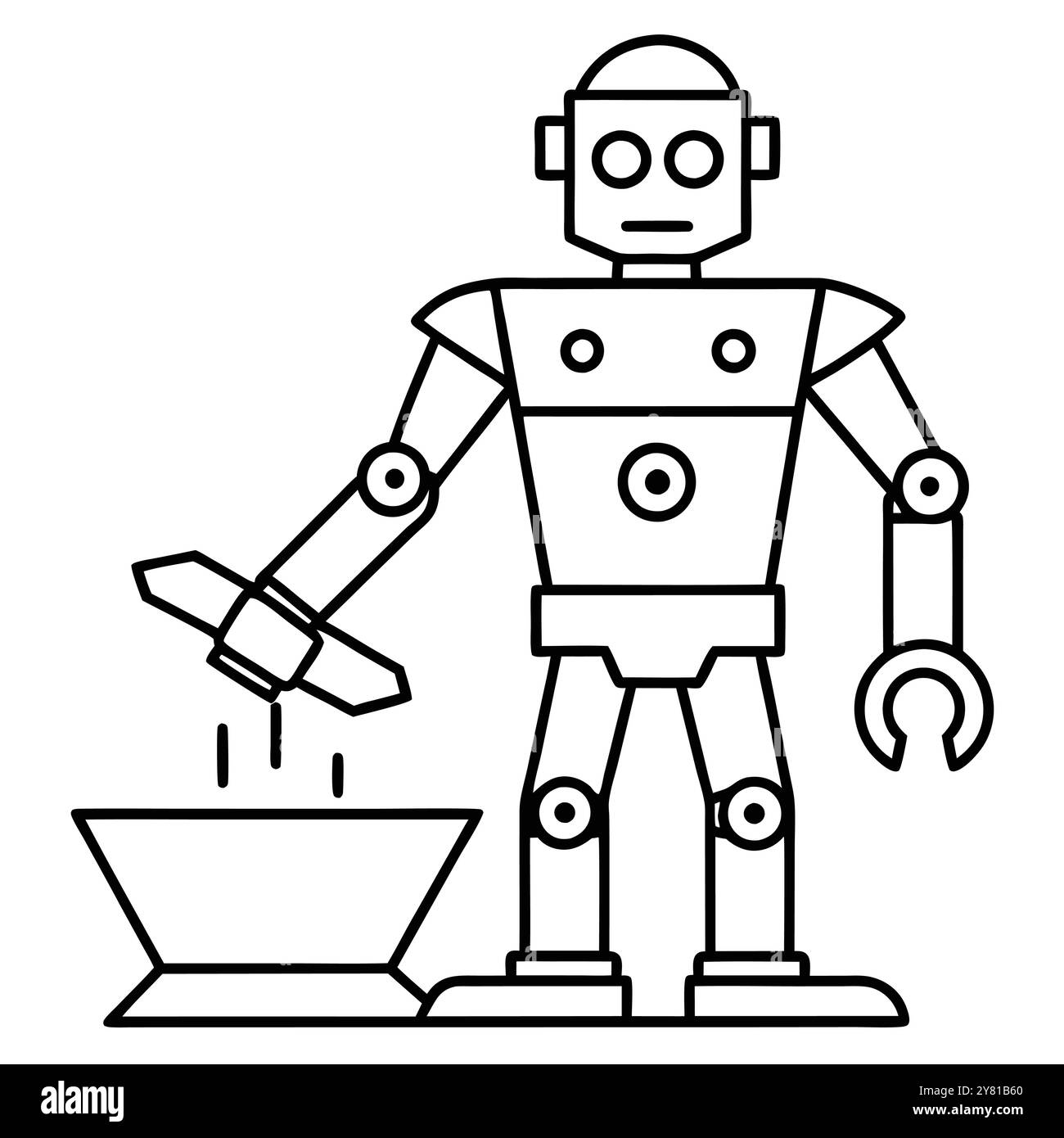 A simple line drawing of a robot with a robotic arm holding an object ...