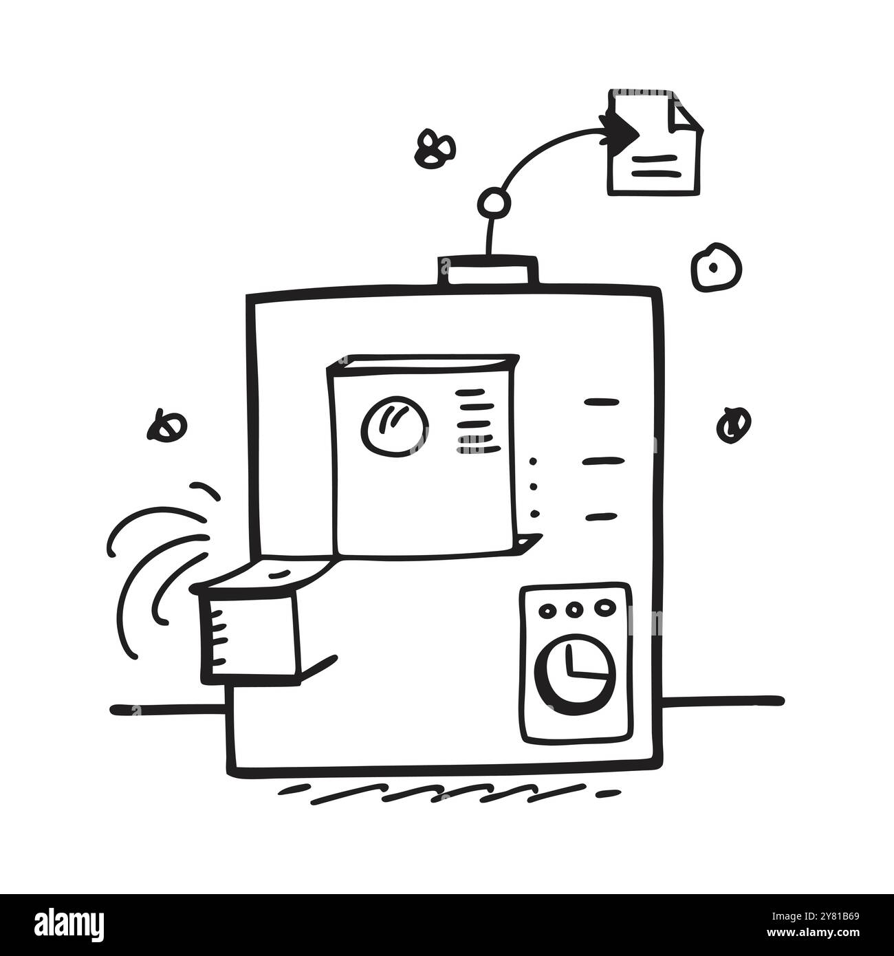 Hand drawn doodle illustration of a machine with a document input ...