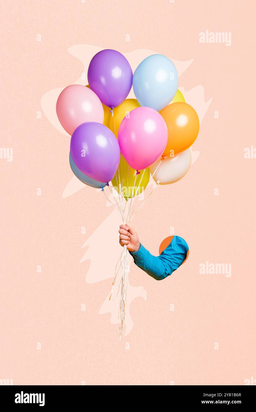 Creative vertical collage human hand body fragment hold air balloons ...