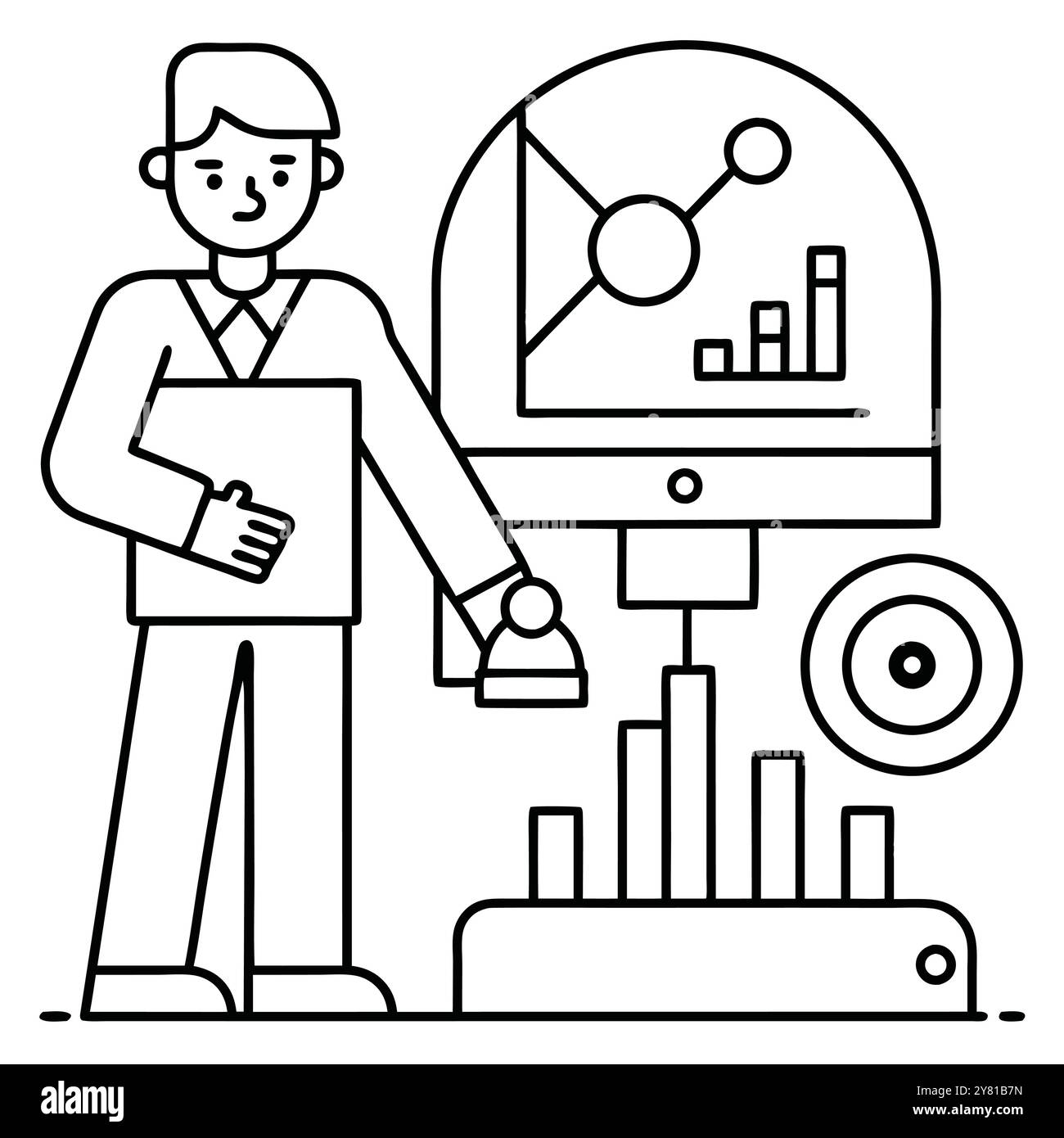 A simple line drawing illustration of a businessman standing next to a ...