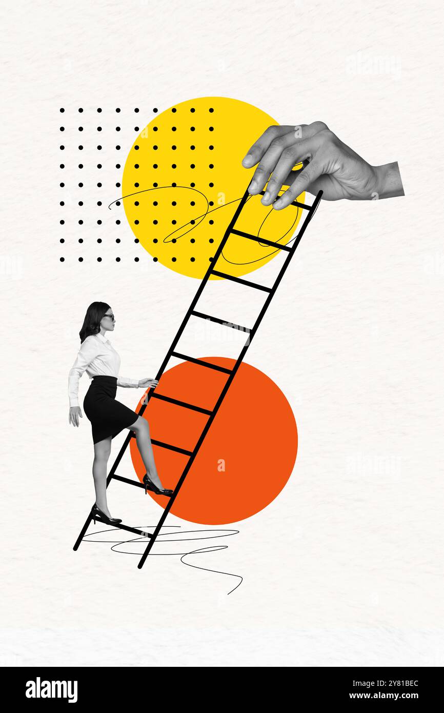 Vertical photo collage of serious businesswoman climb career ladder ...