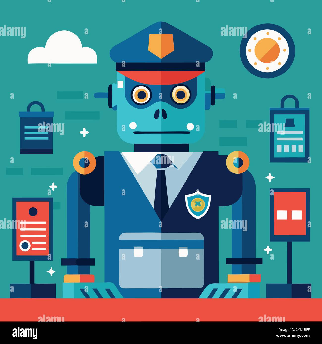 A friendly blue robot in a police uniform stands at attention behind a ...