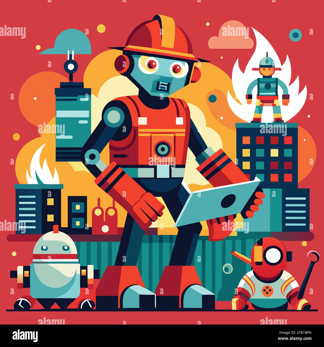 A friendly robot firefighter holding a laptop. standing tall in front ...