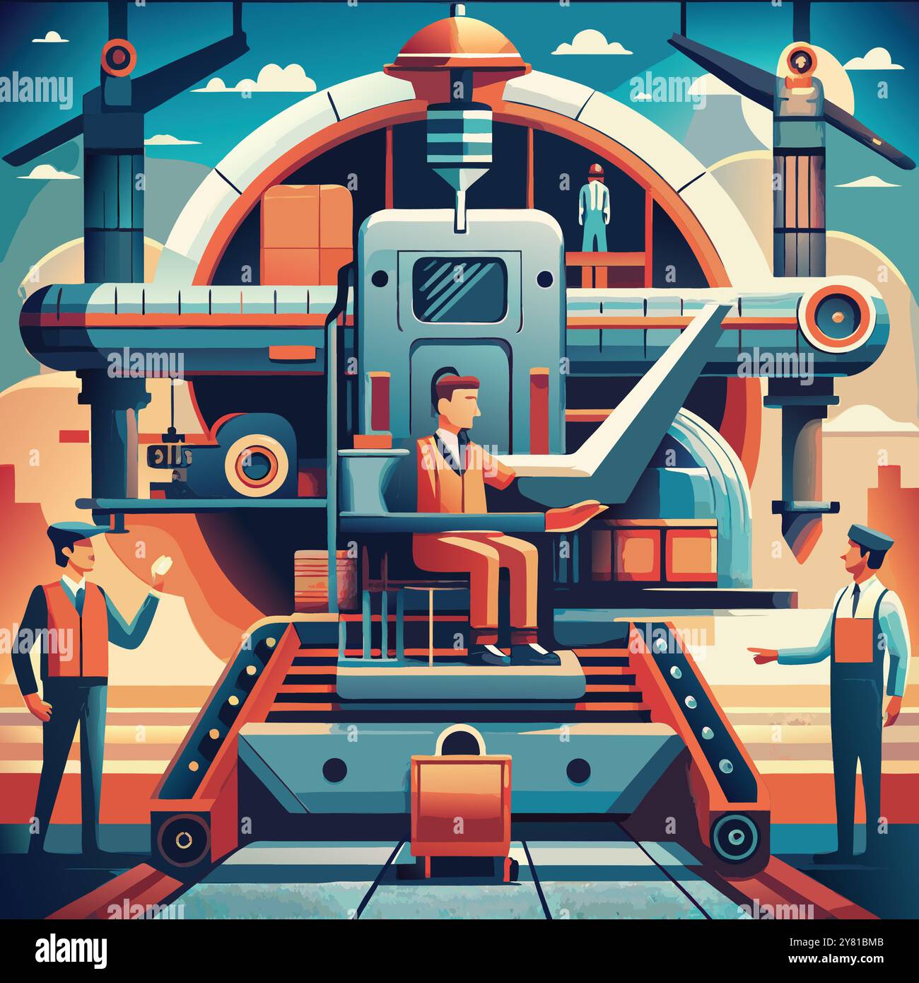 A futuristic illustration featuring a man controlling a complex machine ...