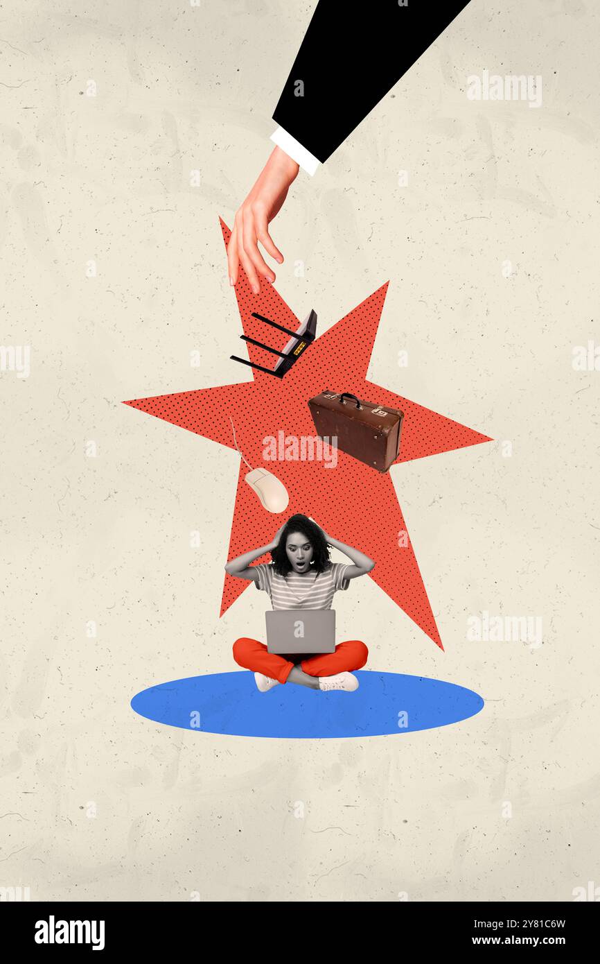 Poster artwork collage of young woman sitting working arm head panic ...