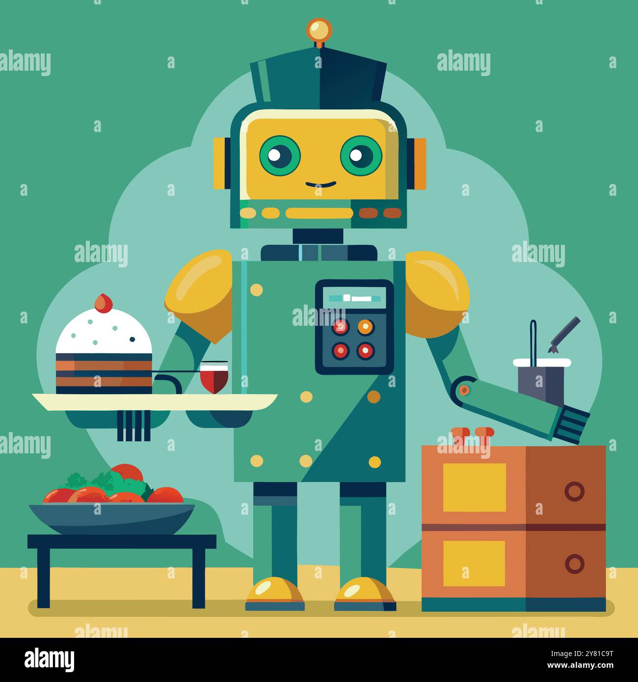 A friendly robot waiter serves a delicious meal on a tray. showcasing ...