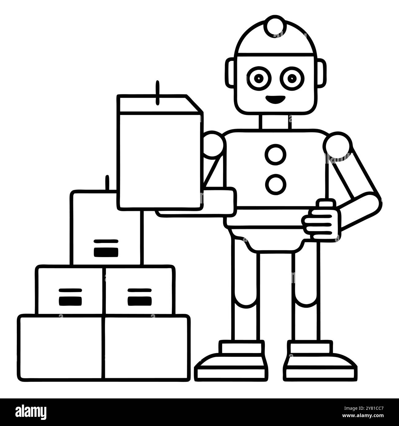 A friendly robot holding a box in one hand. standing next to a stack of ...