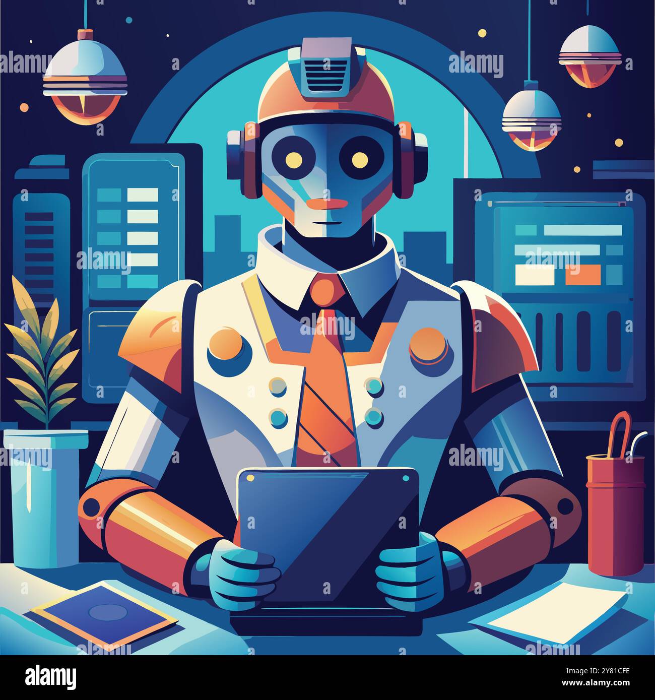 A futuristic robot in a suit holds a tablet computer in a modern office ...