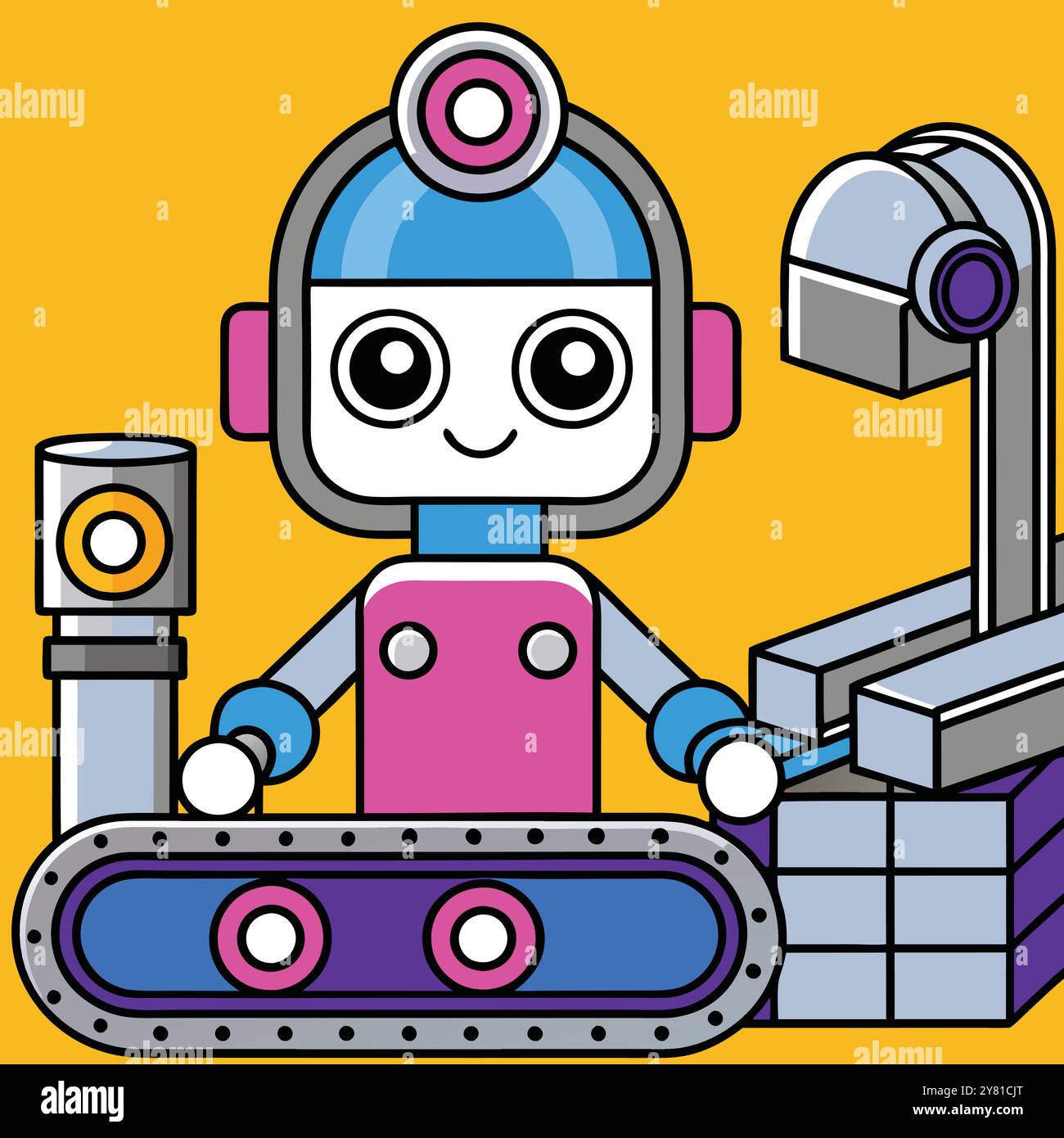 Cute cartoon robot working on a factory assembly line. Perfect for ...