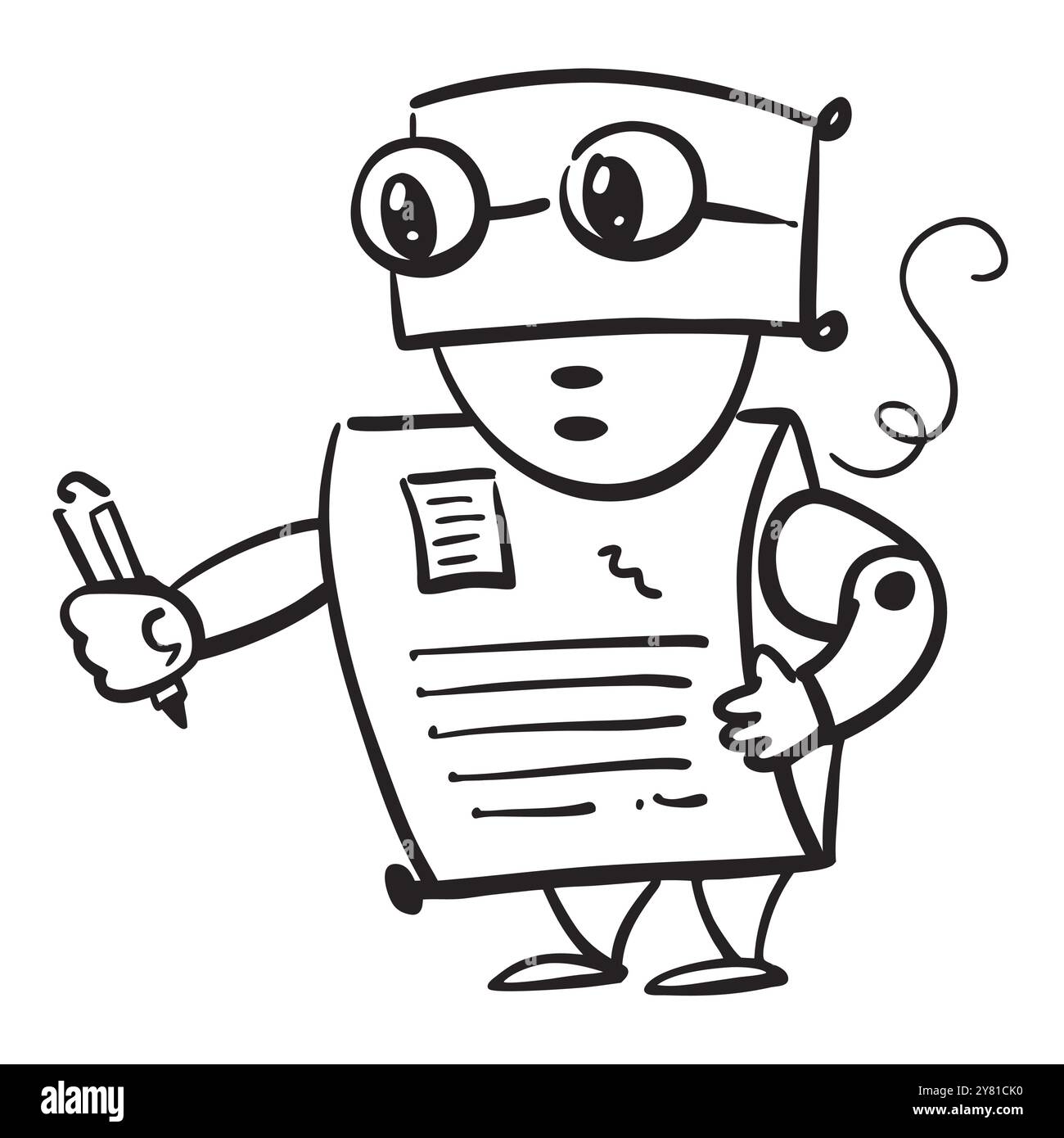 A whimsical doodle of a robot holding a pen and standing in front of a ...